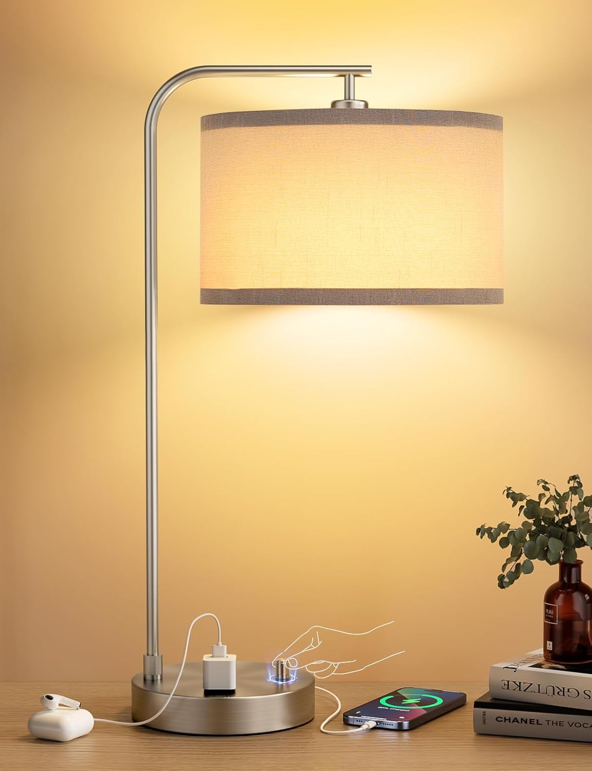 Tall Table Lamp with USB Port and Outlet, Dimmable Nightstand Bedside ...