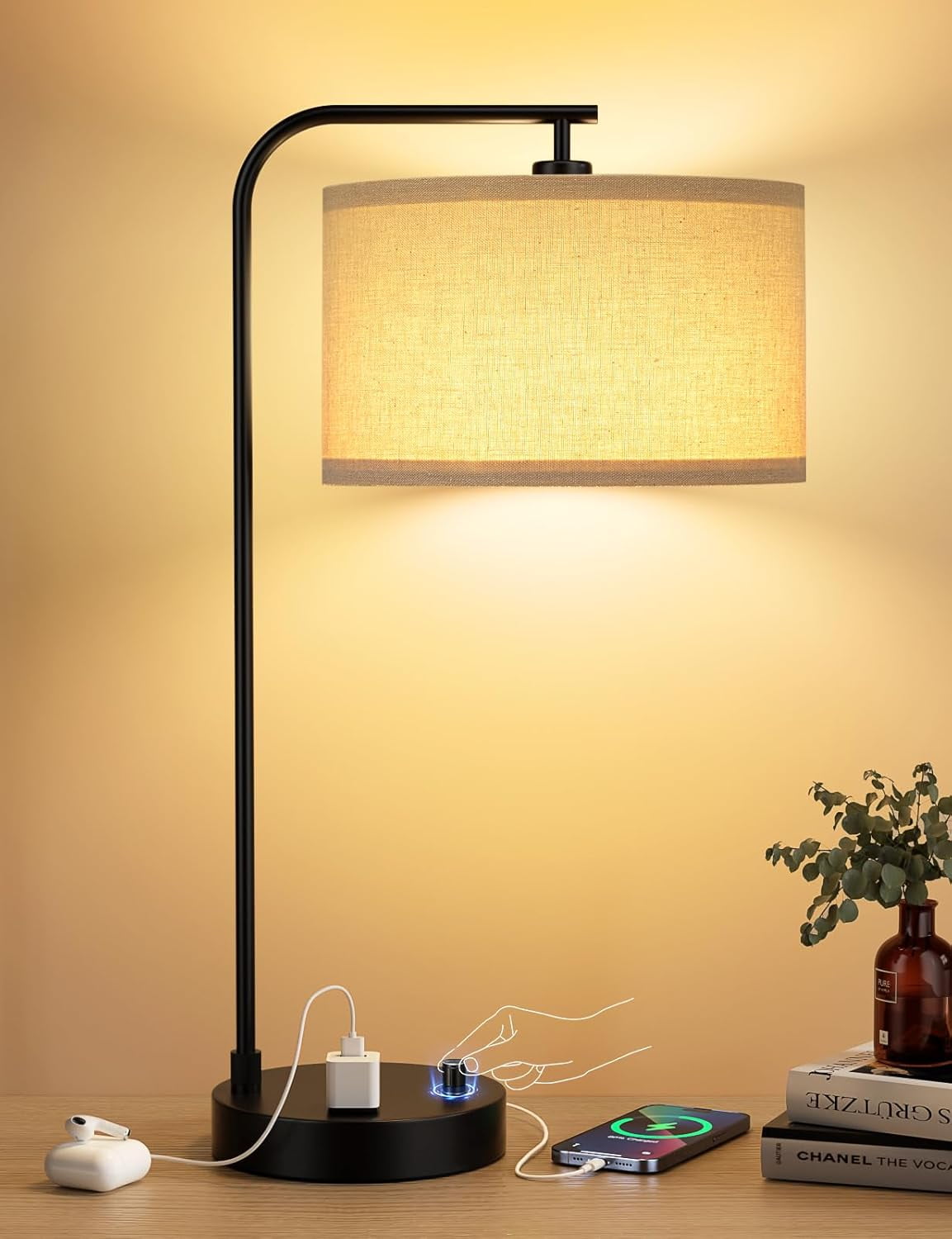 Tall Bedside Table Lamp - USB Port & Outlet, Dimmable Linen Lampshade ...