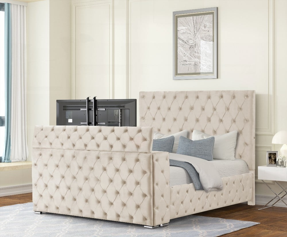 Tall Tufted King Bed with TV & Fireplace Storage|Solid Wood ...