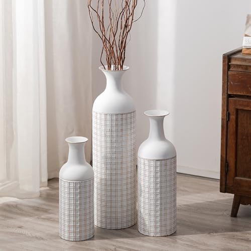 Tall Vase Set of 3 White Big Floor Vases 27/20/16in Large Modern Metal ...