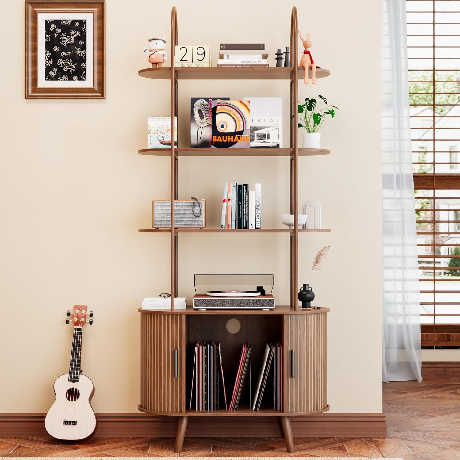 Tall Vinyl Record Player Stand, 4 Tier Arched Bookshelf with Sliding ...