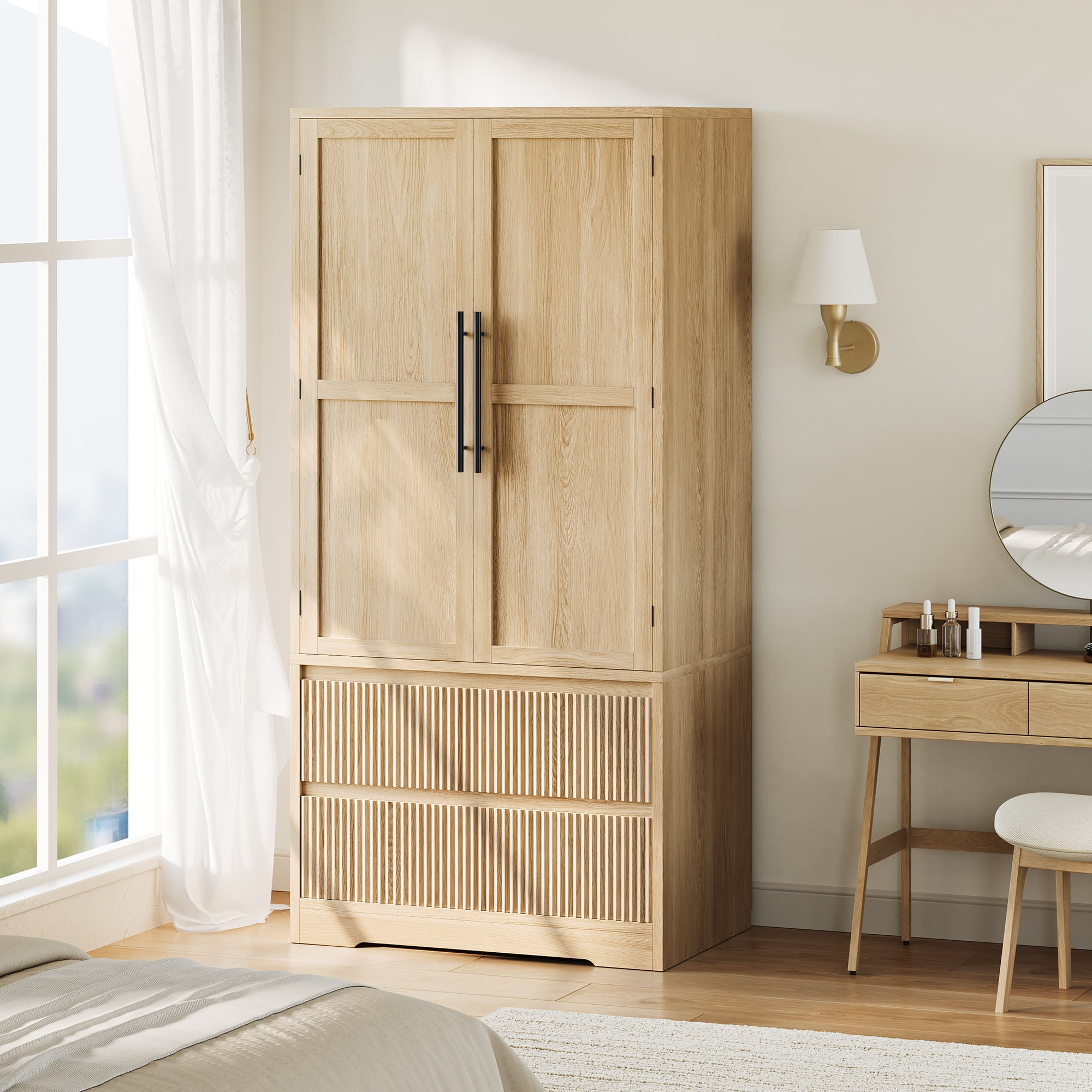 Tall Wardrobe Closet with Hanging Rod Drawers, 2-in-1 Storage Cabinet ...