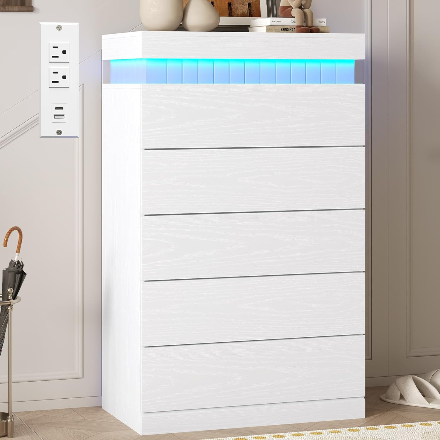 Tall White Dresser for Bedroom, Modern 5 Wood Drawers with LED Light ...
