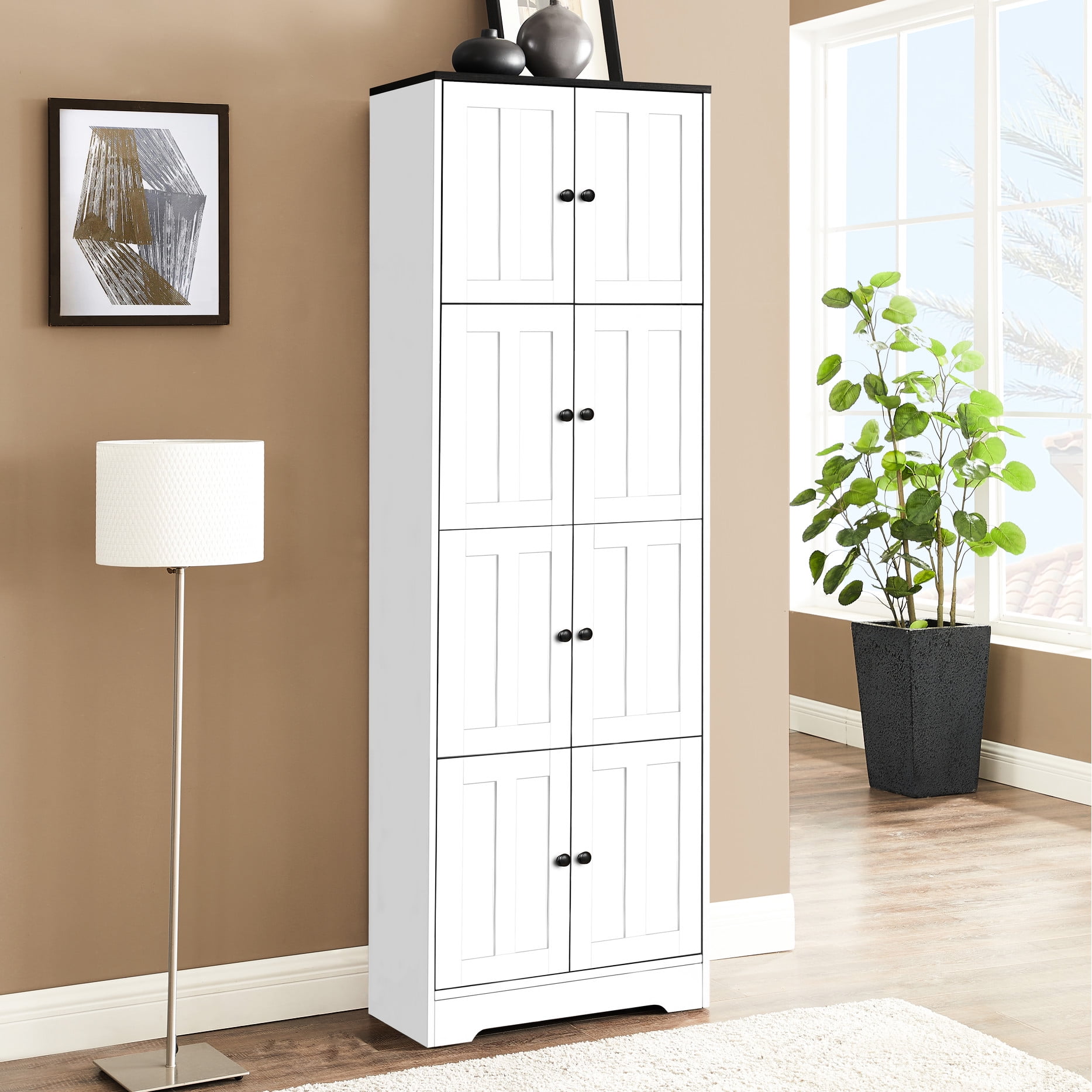 Tall White Storage Cabinet With 8 Doors And 4 Shelves For Bathroom ...