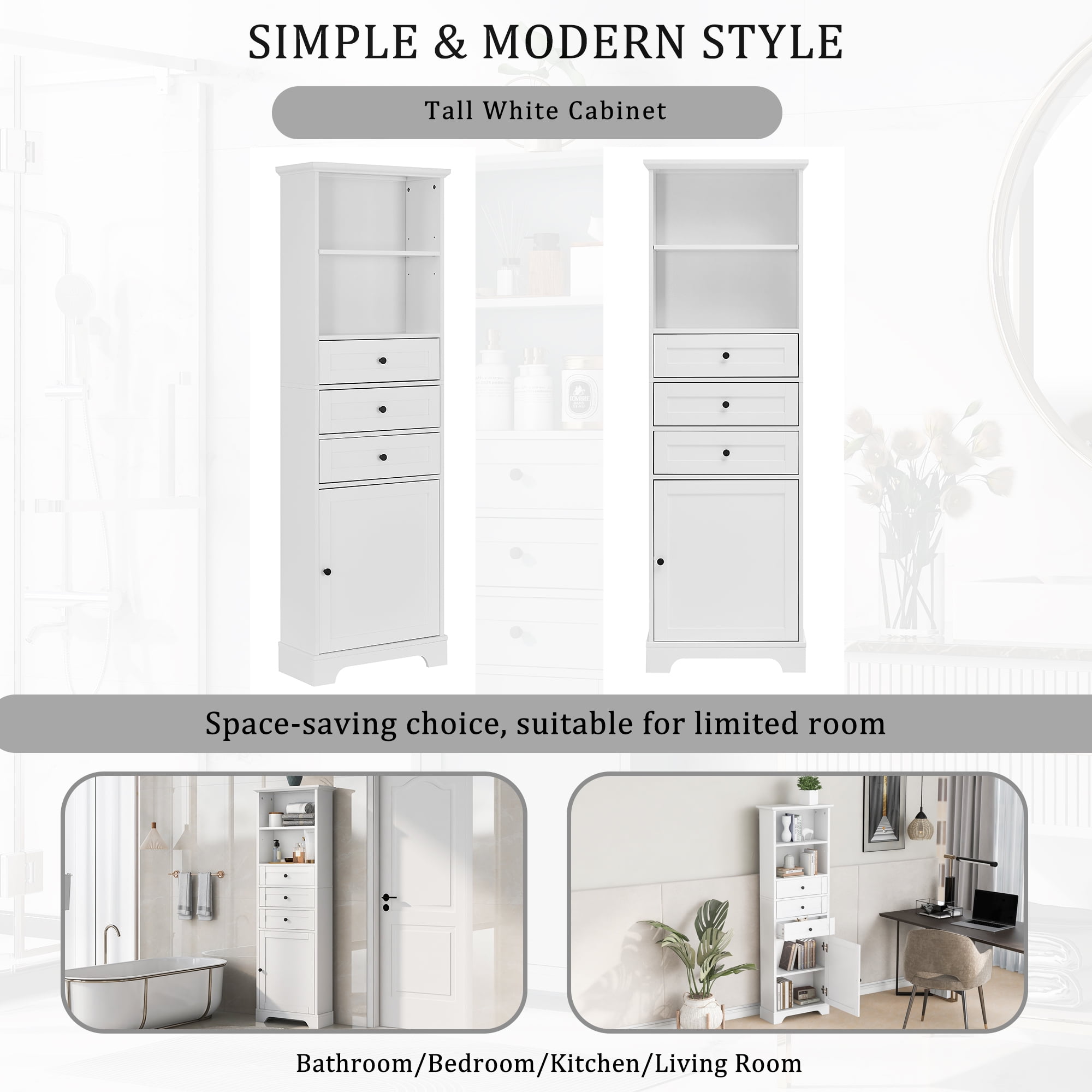 Tall White Storage Cabinet with 3 Drawers, Adjustable Shelves, Ideal ...