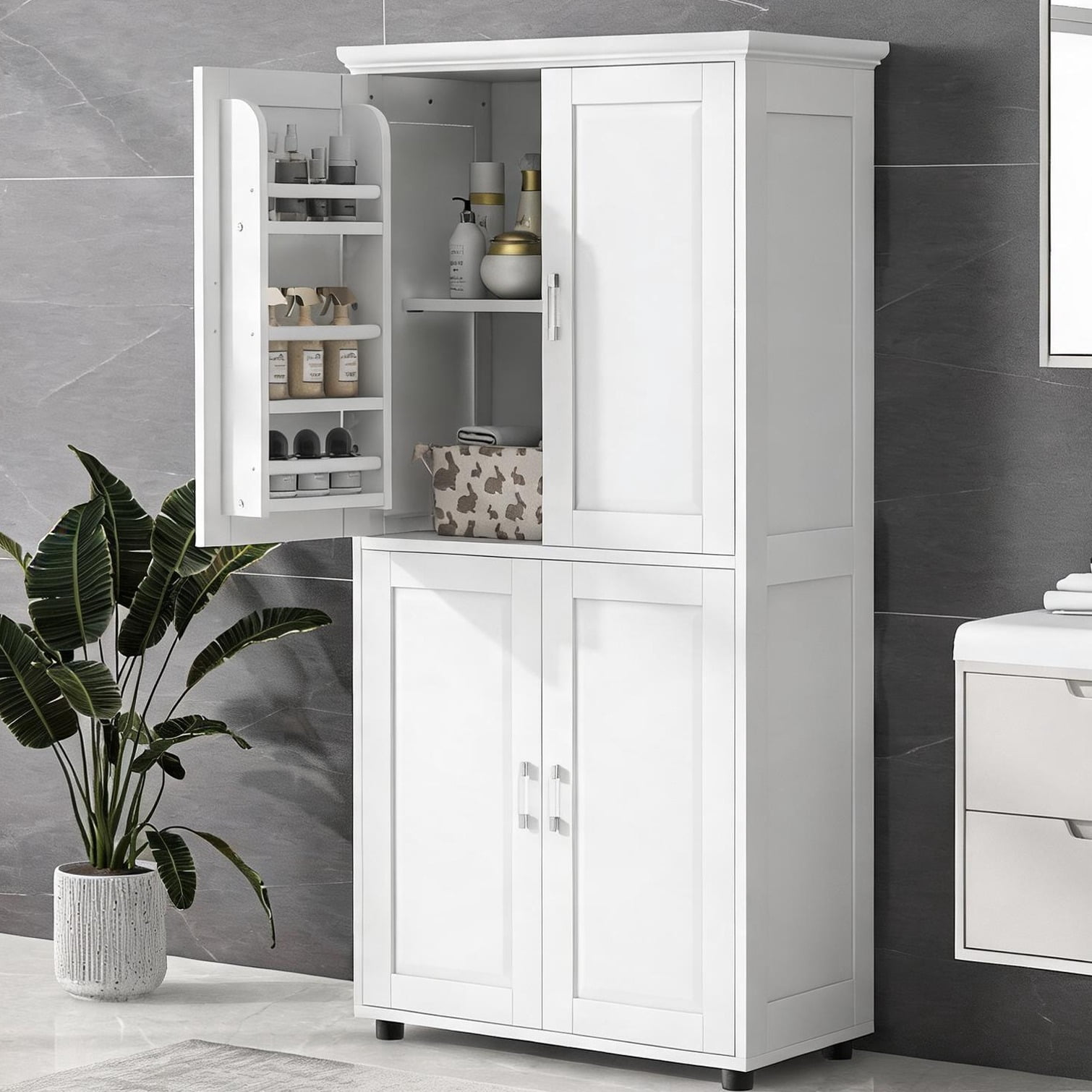 Tall Wide Freestanding Bathroom Storage Cabinet, 4 Louvered Doors ...