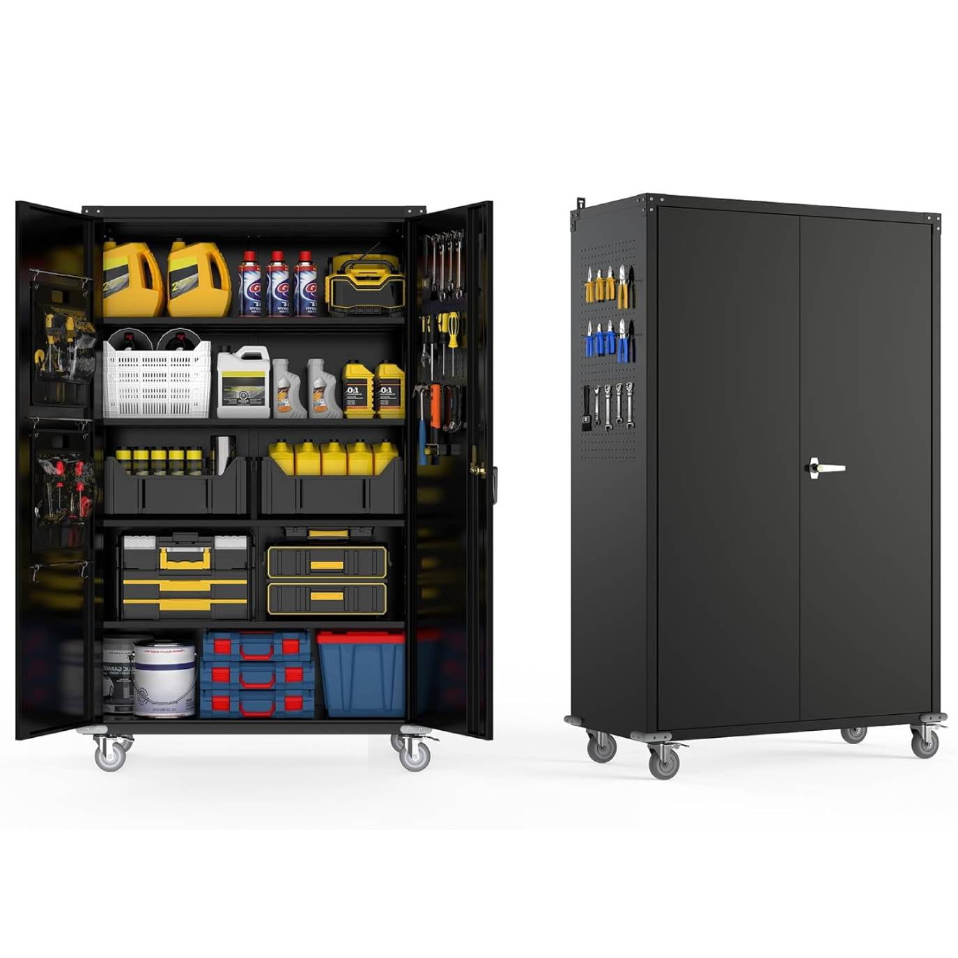 Tall & Wide Metal Garage Storage Cabinet with Wheels & Pegboards, 43''W ...