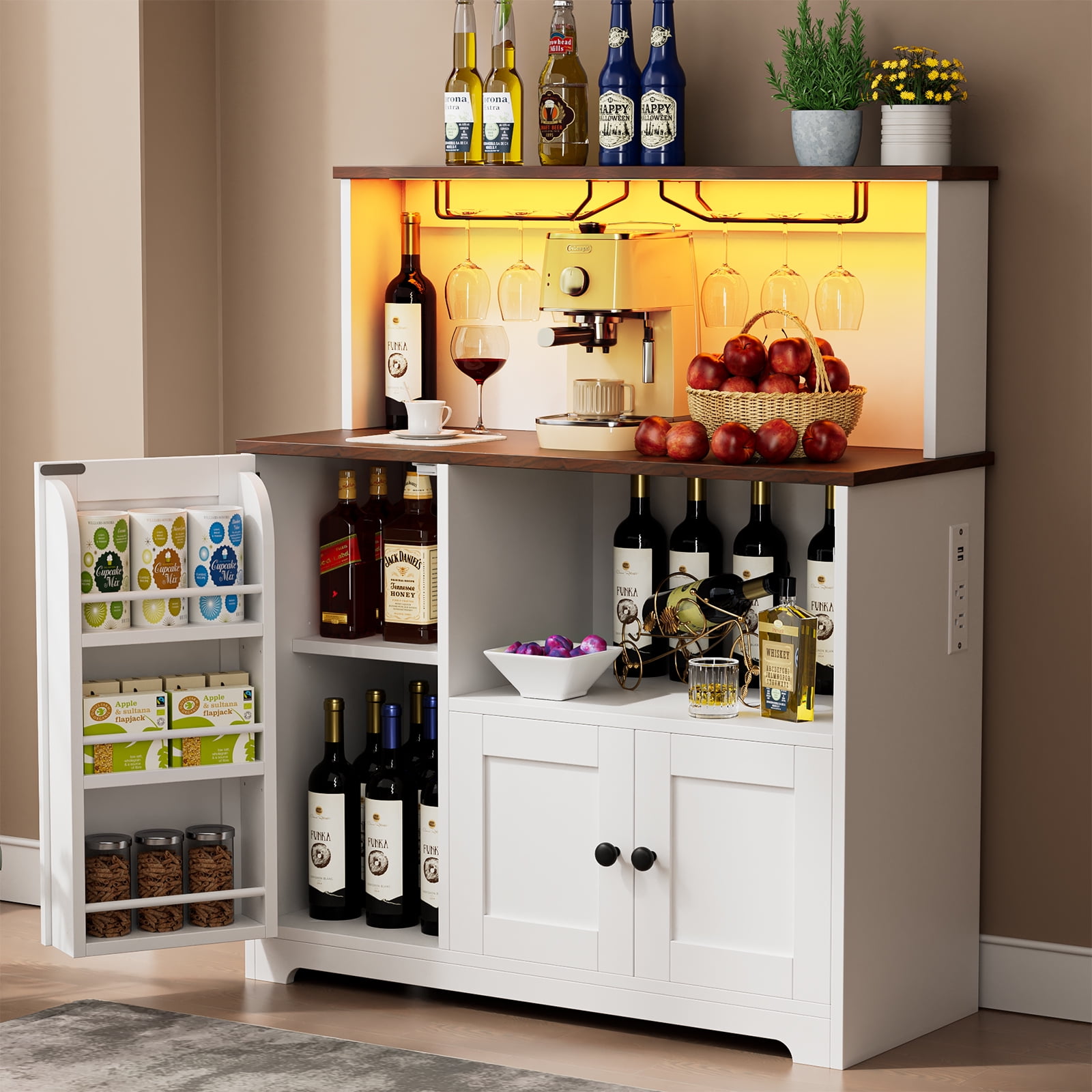 Tall Wine Bar Cabinet with Power Outlet and LED Light, Alcohol Bar Cart ...