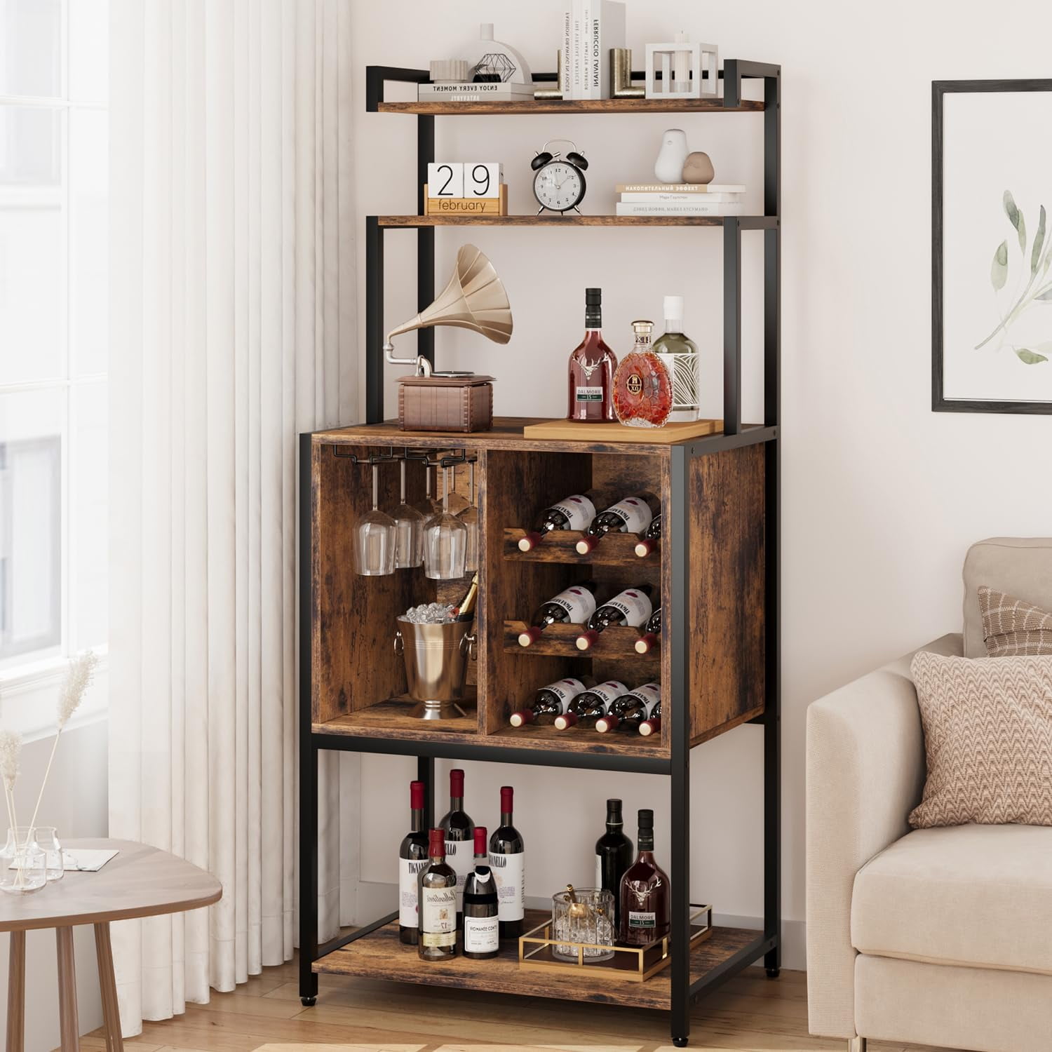 Tall Wine Rack Freestanding Floor, 5-Tier Wine Baker Rack with Glass ...