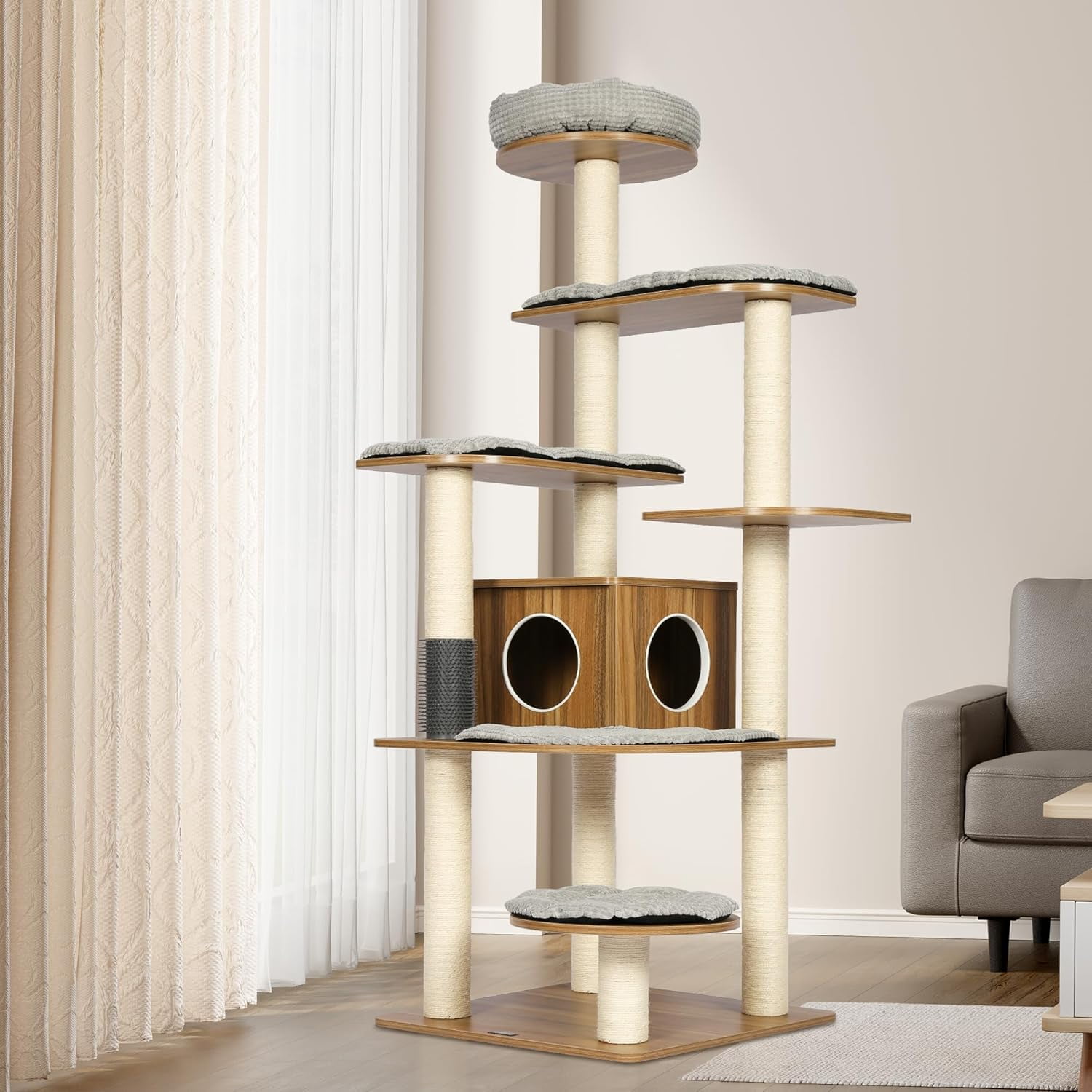 Tall Wood Cat Tree, 69” Large Cat Tower Multi-Level Platforms with ...