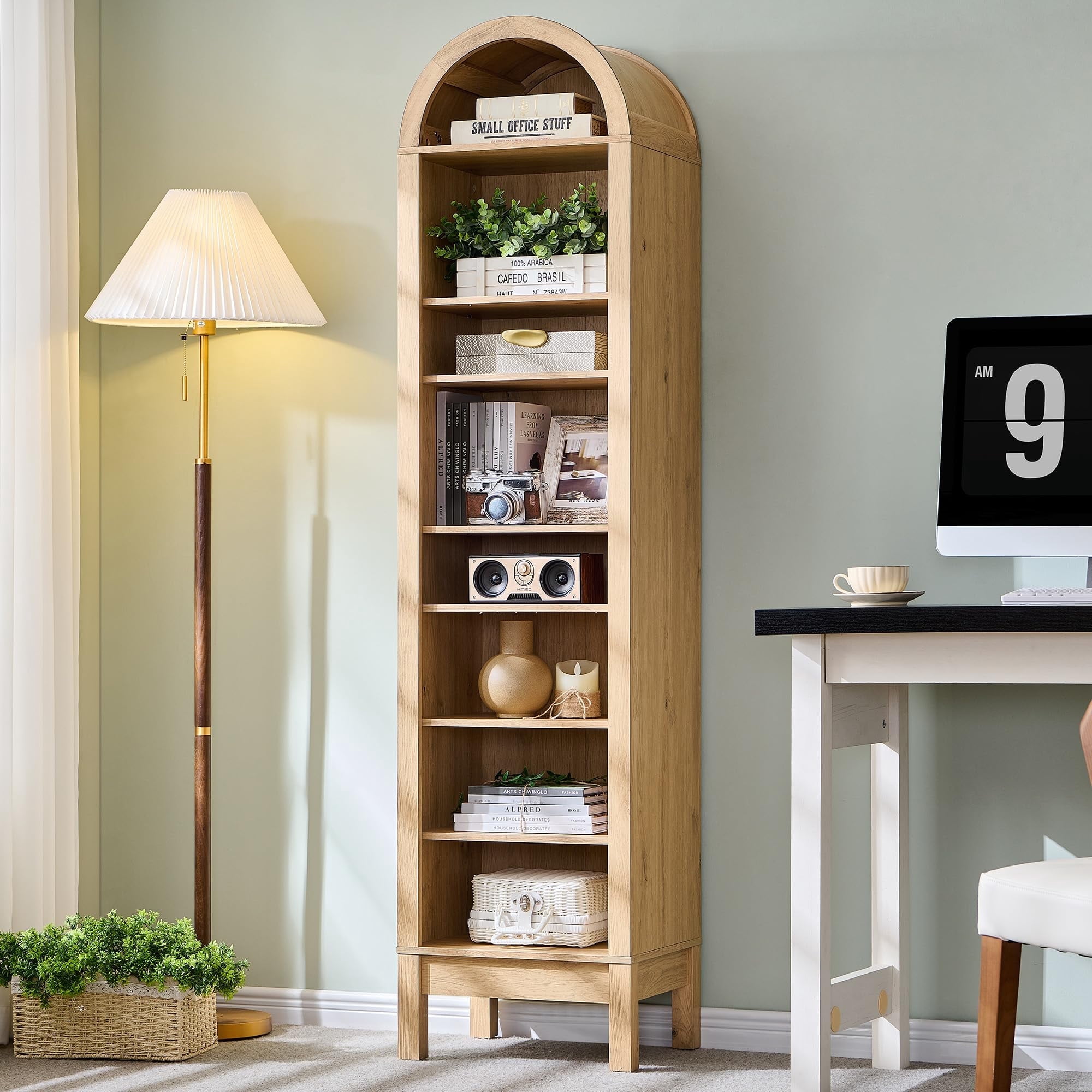 Tall Wooden Bookcase with Arched Top, 8 Tier Adjustable Shelves ...