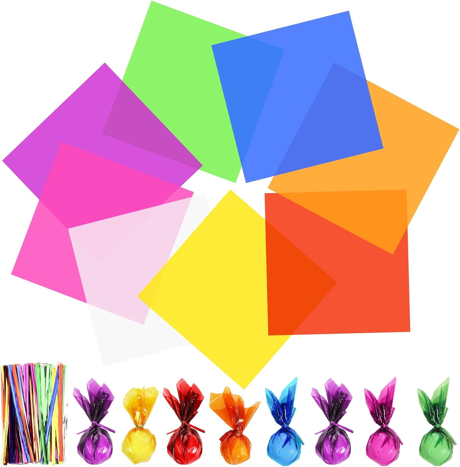 Tallew 40 Pcs 14 x 14 Inch Colored Cellophane Paper Cello Sheets Wraps ...