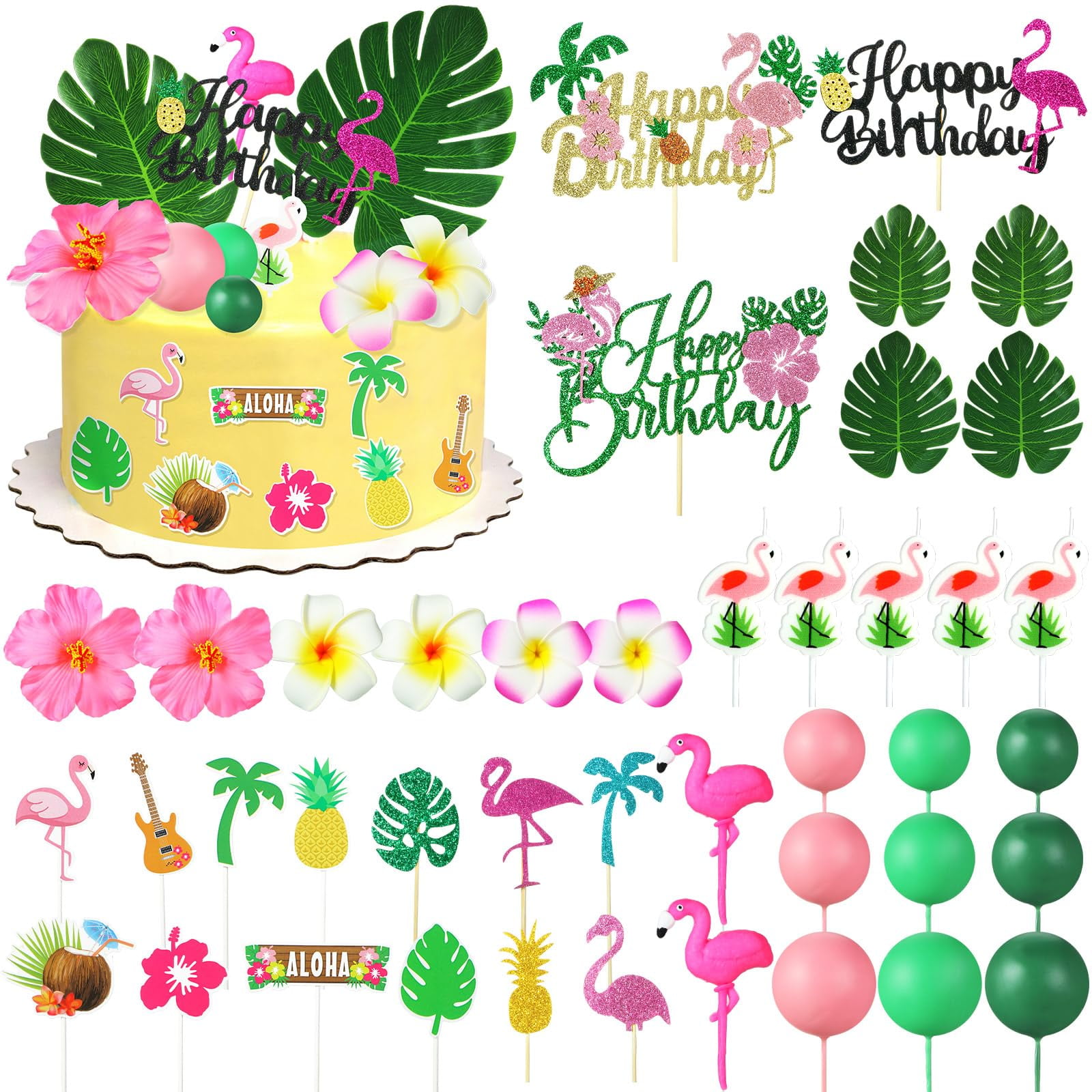 Tallew 42 PCS Hawaiian IEF31 Cake Topper Flamingo Cake Decorations ...