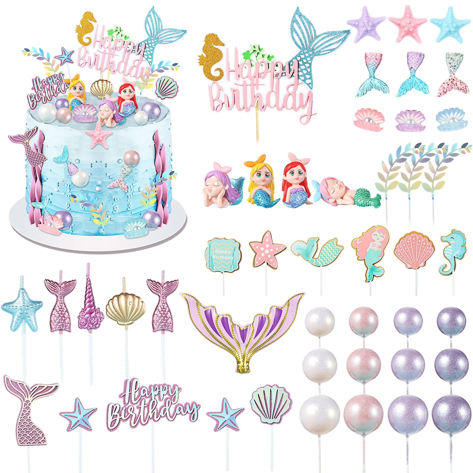 Tallew 42 Pcs Mermaid Cake Topper AIS1 Under The Sea Cake Toppers ...