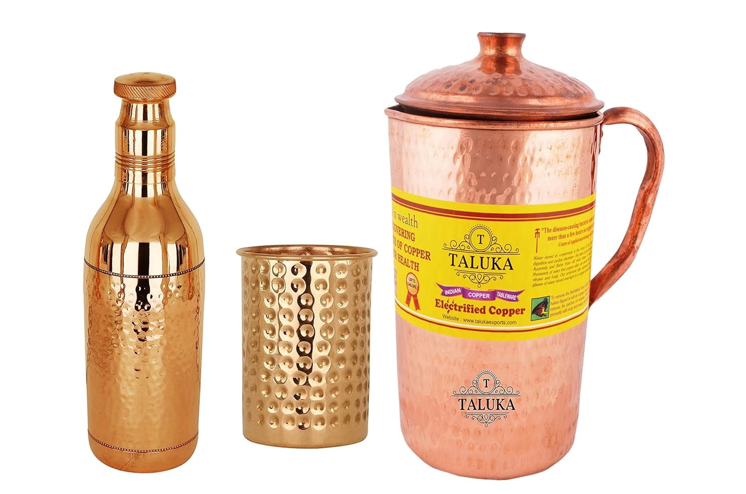 Taluka Copper Hammered Jug with Water Bottle Glass Brown 3 Piece ...