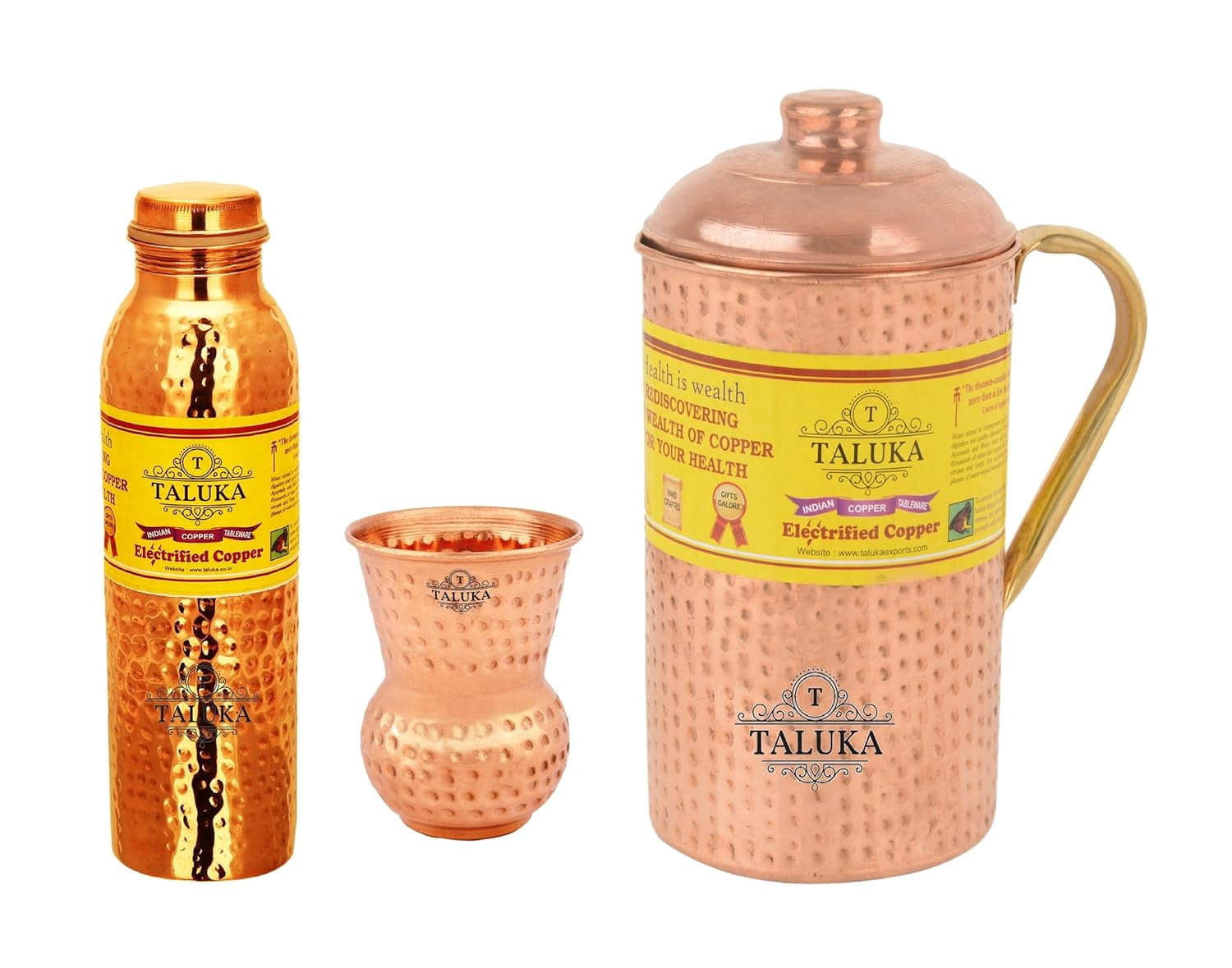 Taluka Set of 3 Copper Hammered Leak Proof Joint Free Water Bottle 1000 ...
