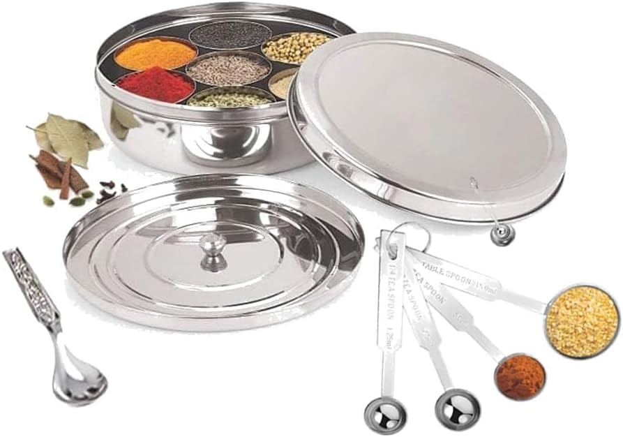 Taluka Stainless Steel Spice Container With 7 Compartments & 4 PCS Of ...