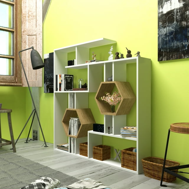 Tamara Geometric Open Shelves Bookcase, White Oak - Walmart.com