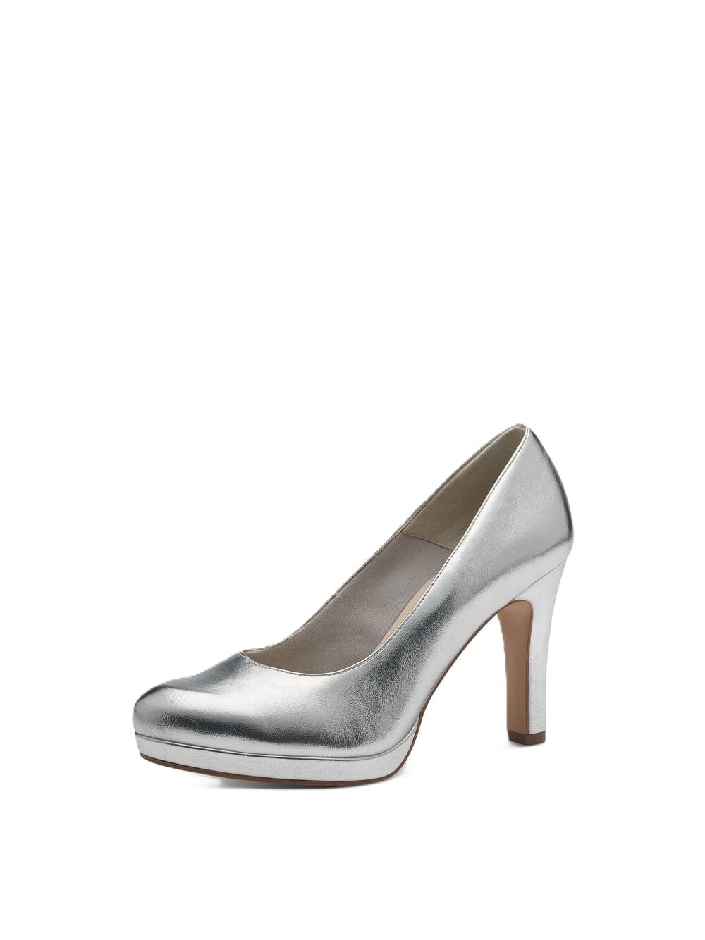 Tamaris Glossy Silver Fashion Slip On Rounded Toe Block High Heel ...