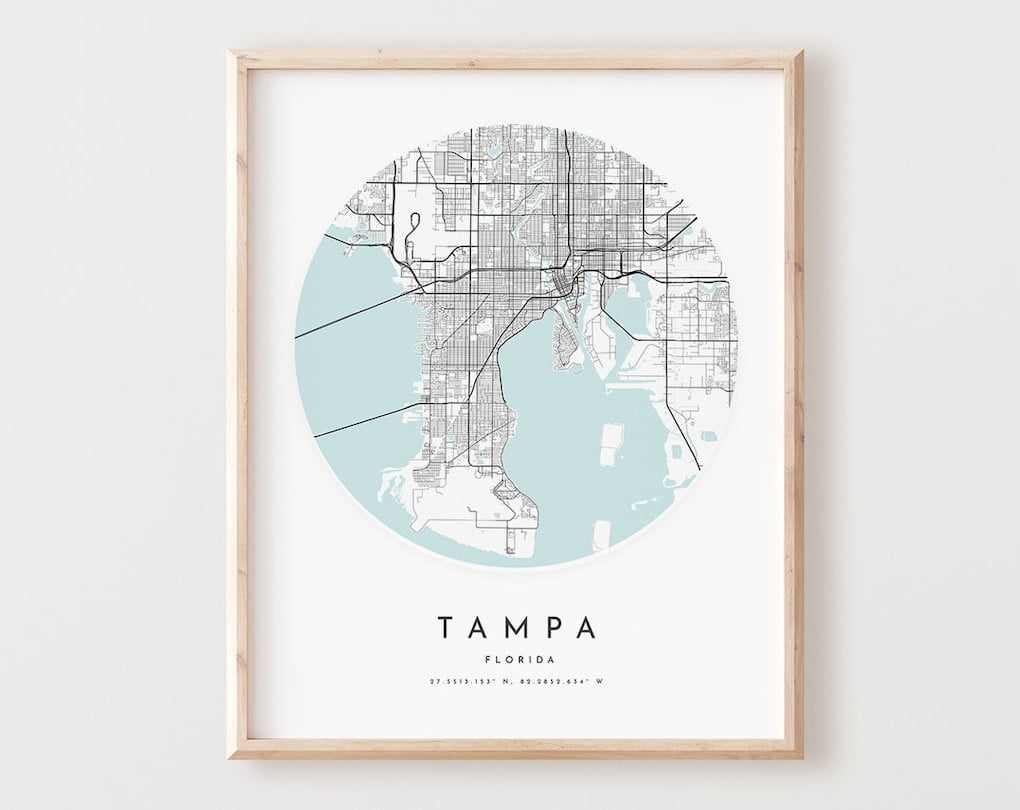Tampa Map Print, Tampa Map Poster City Wall Art, Fl Road Map, Florida ...