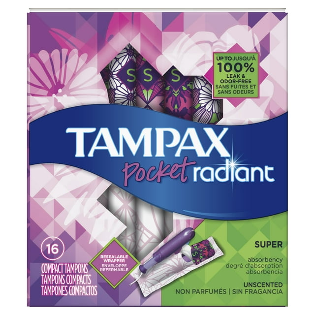 Tampax Pocket Radiant Compact Plastic Tampons, Unscented, Super, 16 ...