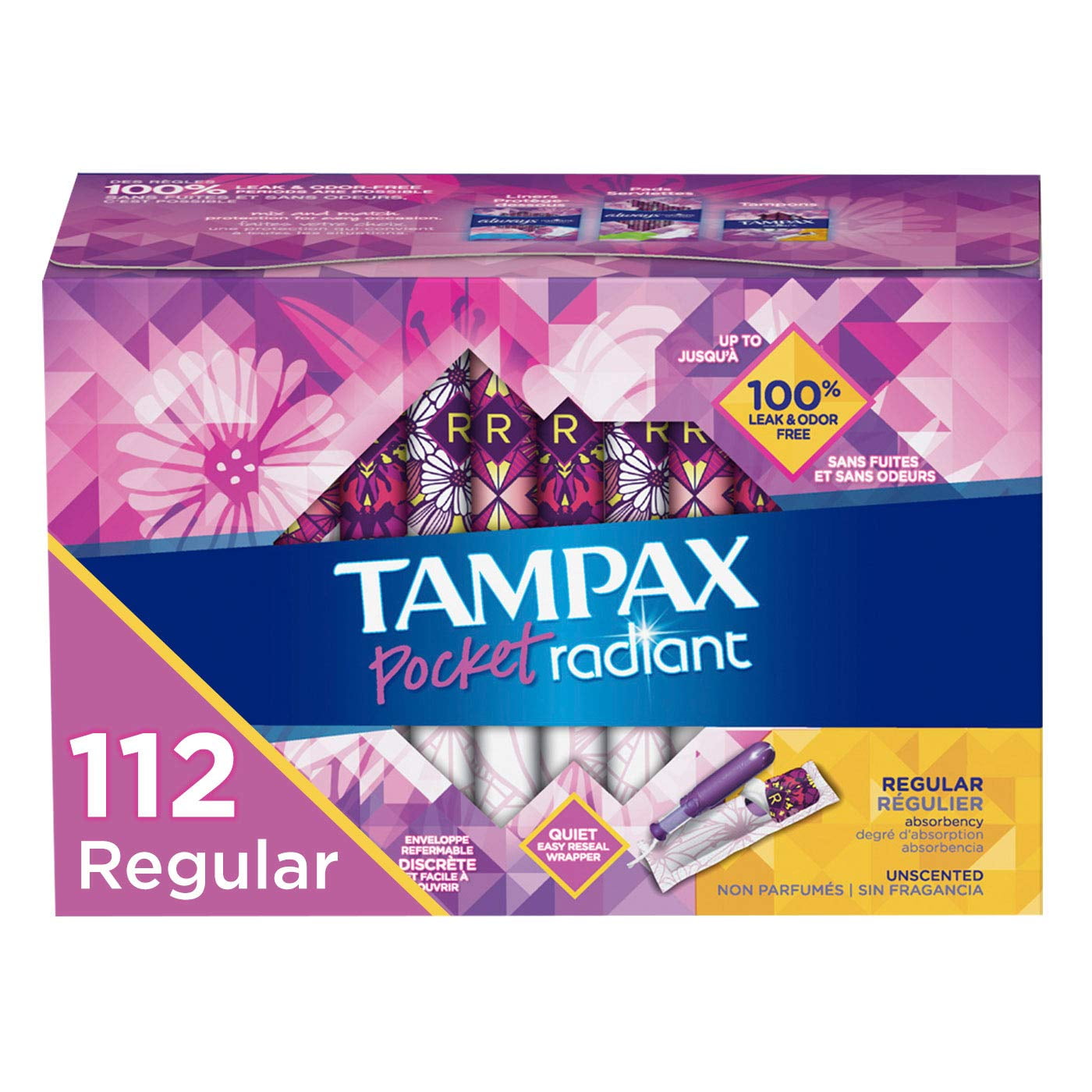 Tampax Pocket Radiant Plastic Tampons, Regular Absorbency, 112 Count ...