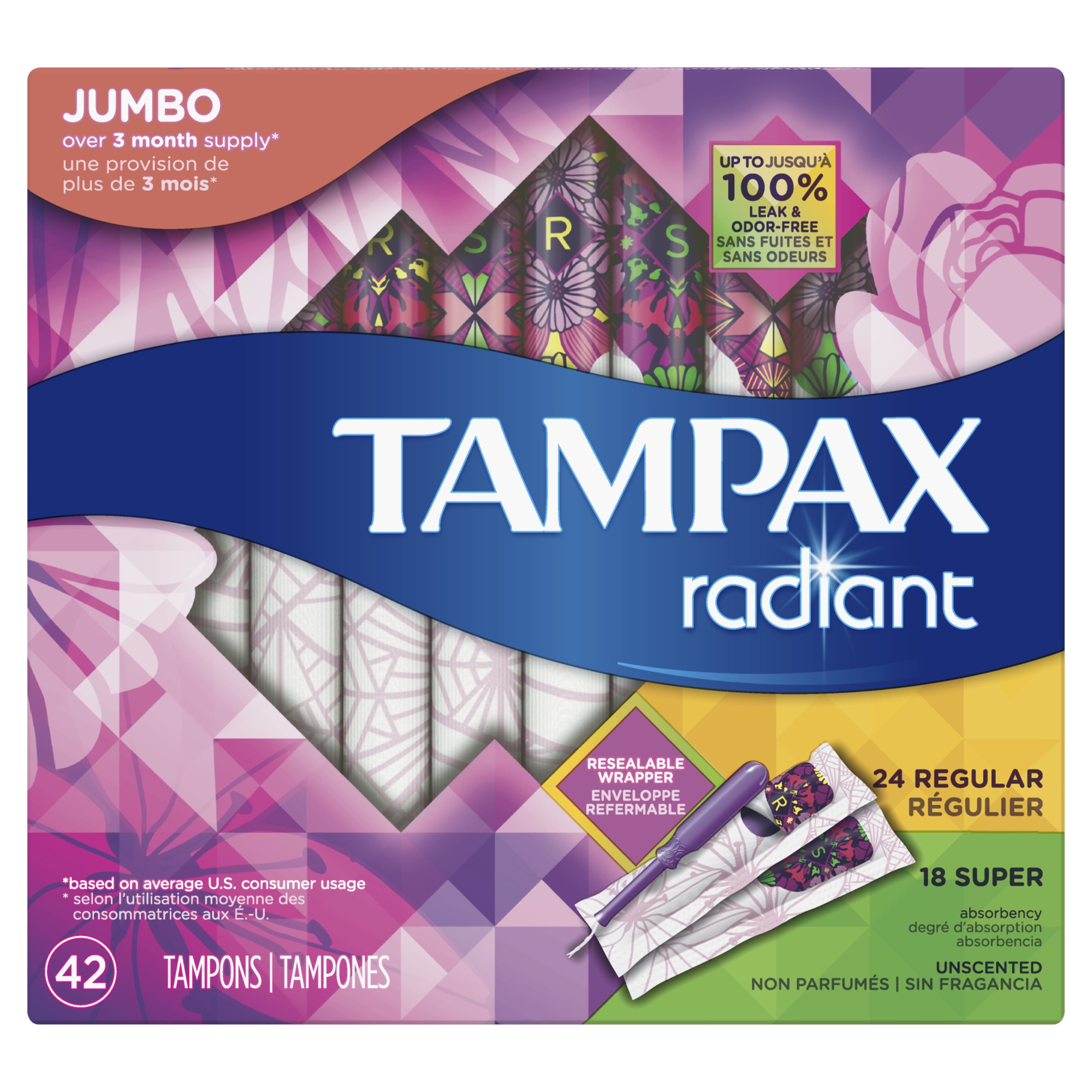 Tampax Radiant DuoPack (Regular and Super) Plastic Tampons, Unscented ...