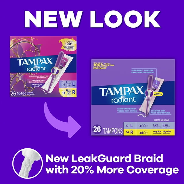 Tampax Radiant Tampons Duo Pack with Leak Guard Braid, Light/Regular ...