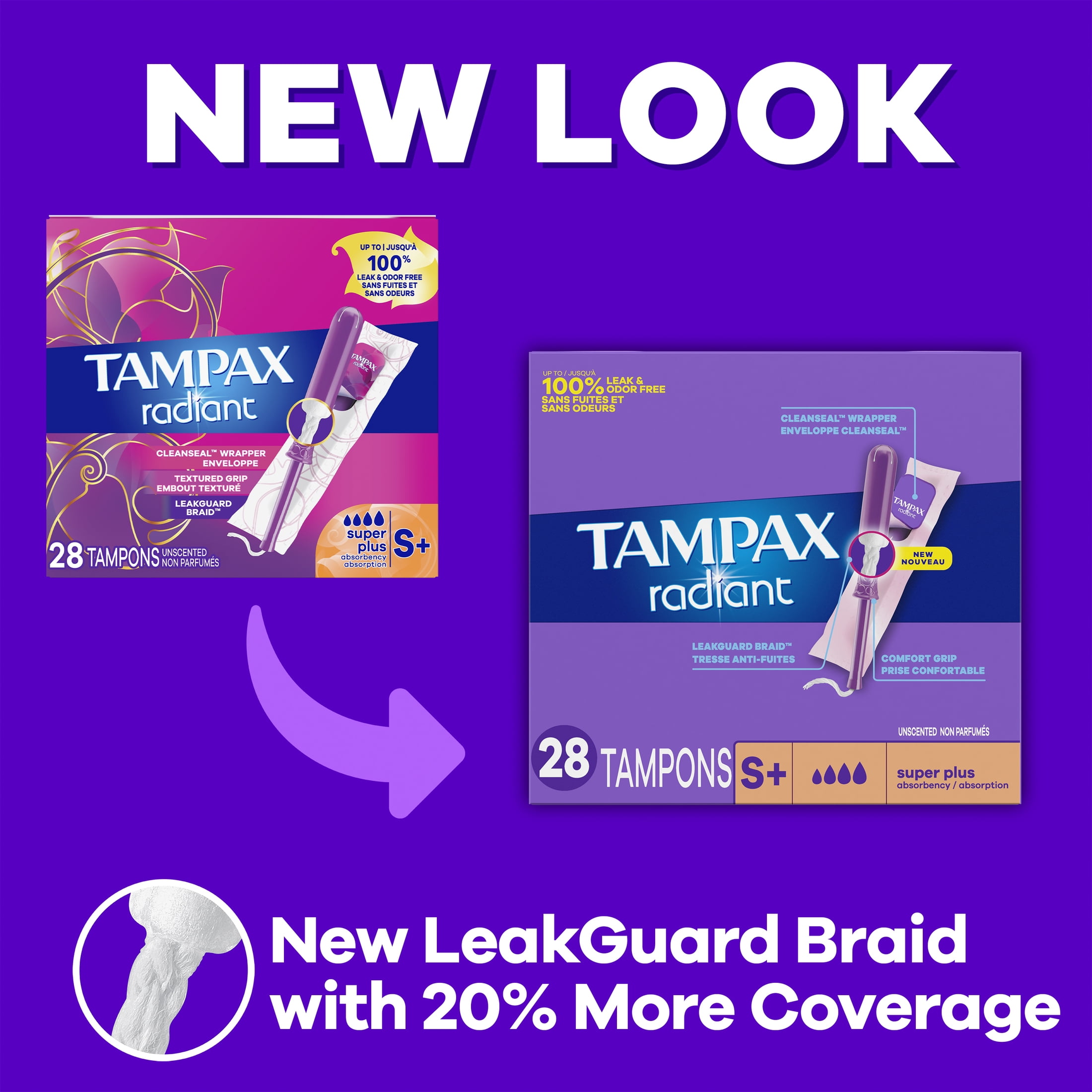 Tampax Radiant Tampons with LeakGuard Braid, Super Plus Absorbency, 28 ...