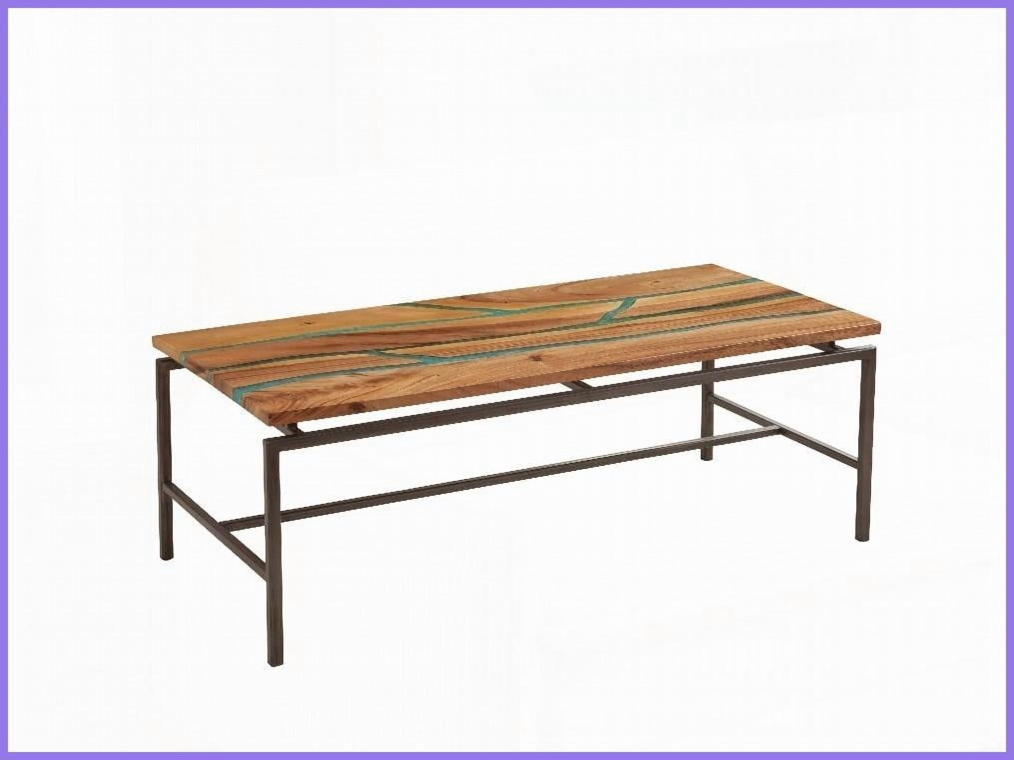 Solid Acacia Wood Coffee Table with Resin Inlay & Tubular Metal Base ...