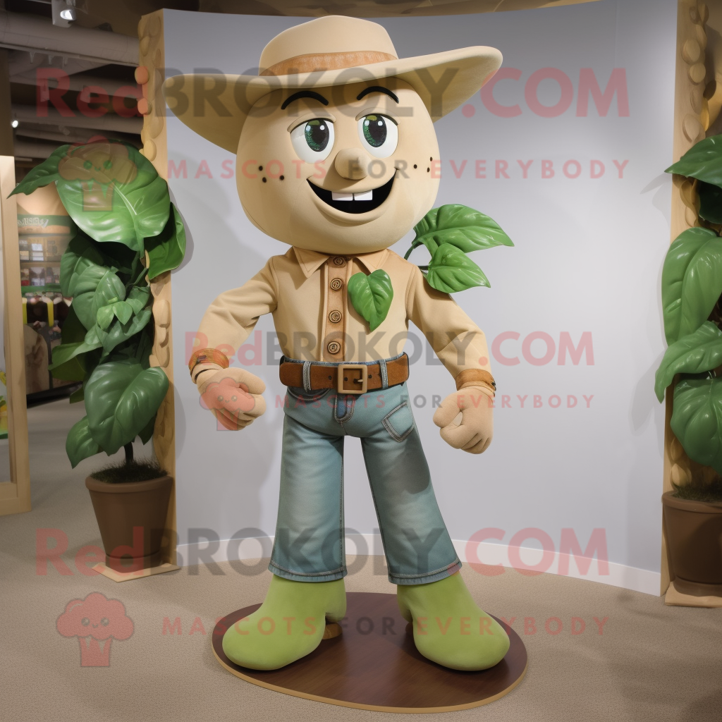 Tan Beanstalk REDBROKOLY mascot costume character dressed with a Jeans ...