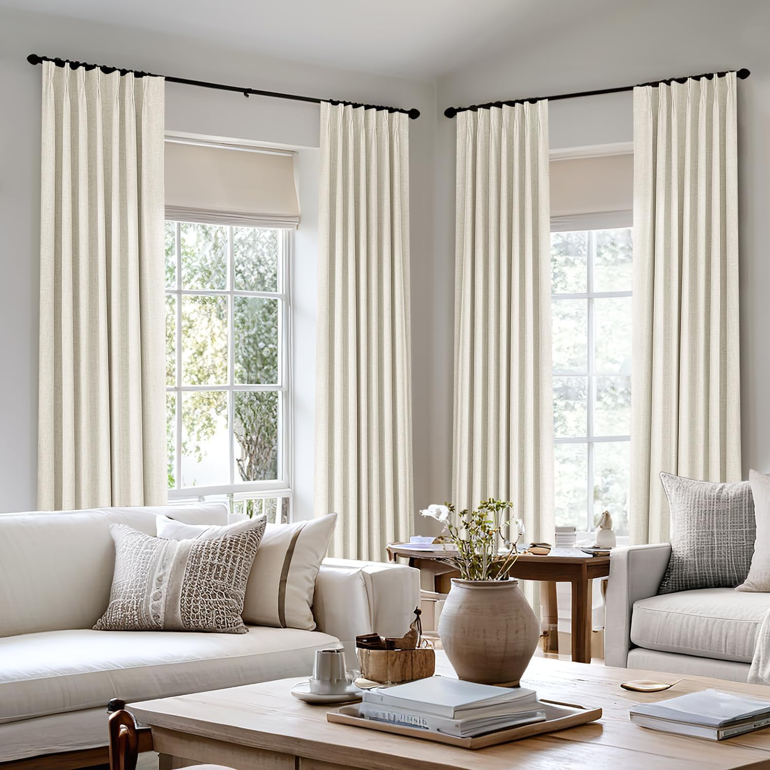 Tan Beige Pinch Pleated 100% Blackout Linen Curtains for Bedroom, Room ...
