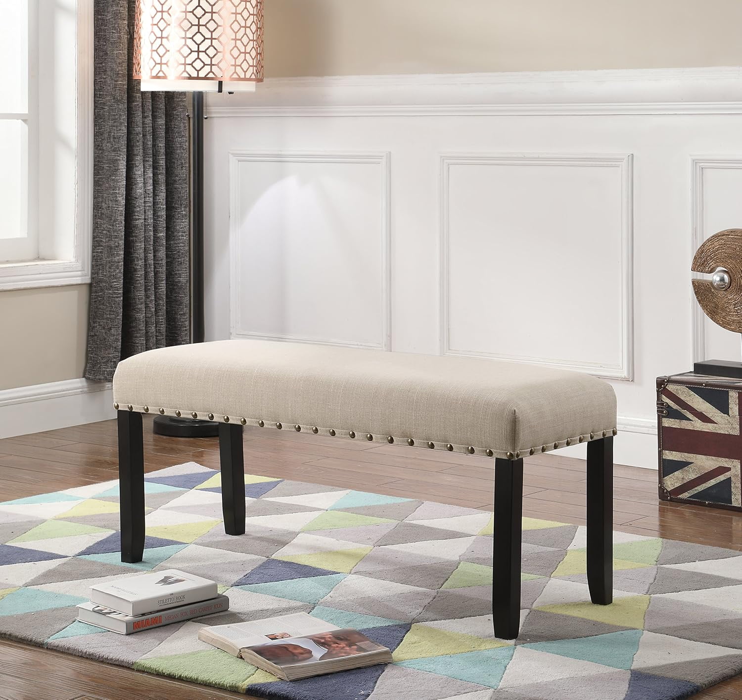 Tan Biony Fabric Dining Bench with Nailhead Trim - Walmart.com