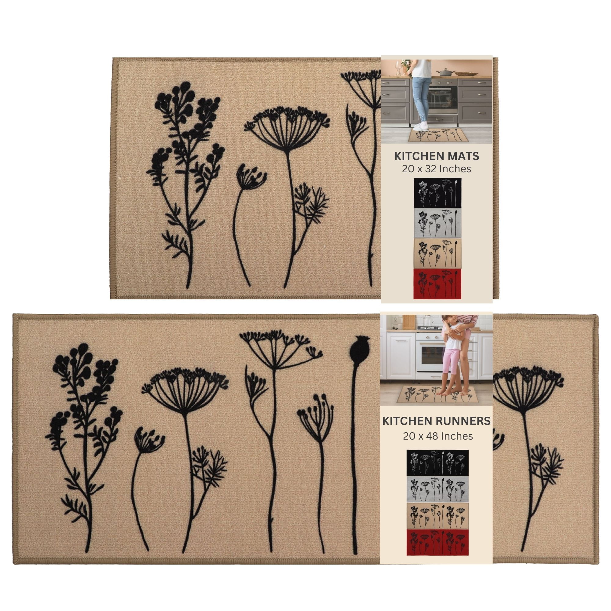 Tan Black Wool Effect Wildflowers Kitchen Mat & Runner Rug Set of 2 ...