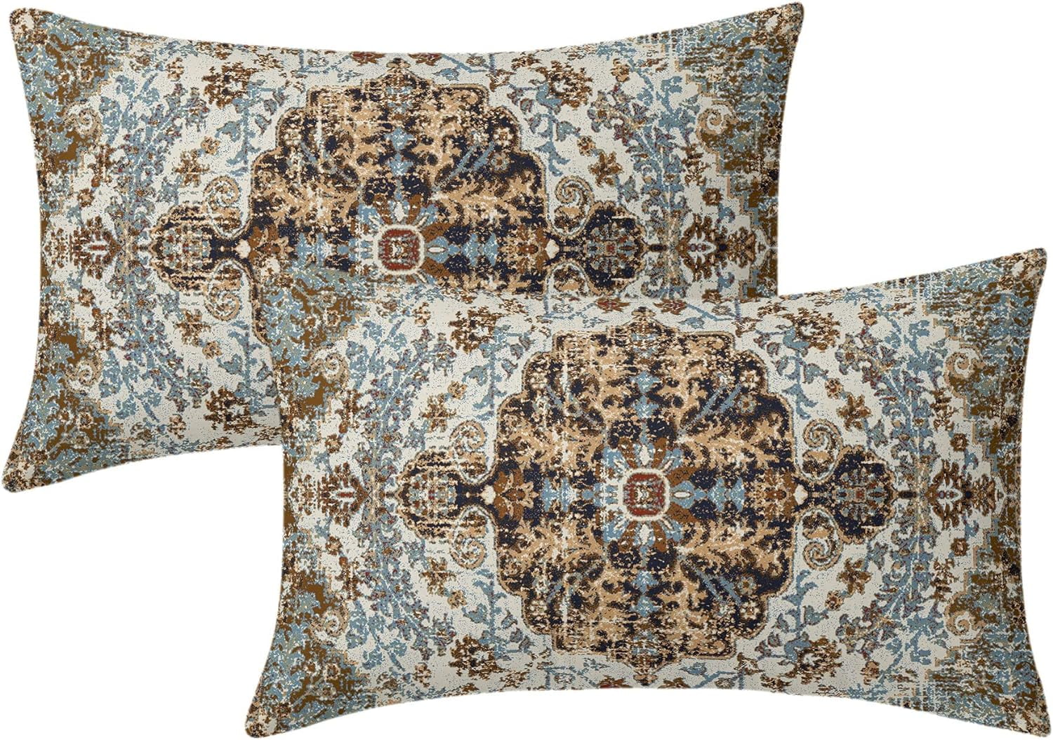 Tan Blue Brown Ethnic Boho Lumbar Pillow Covers 12x20 Inch Bohemian ...