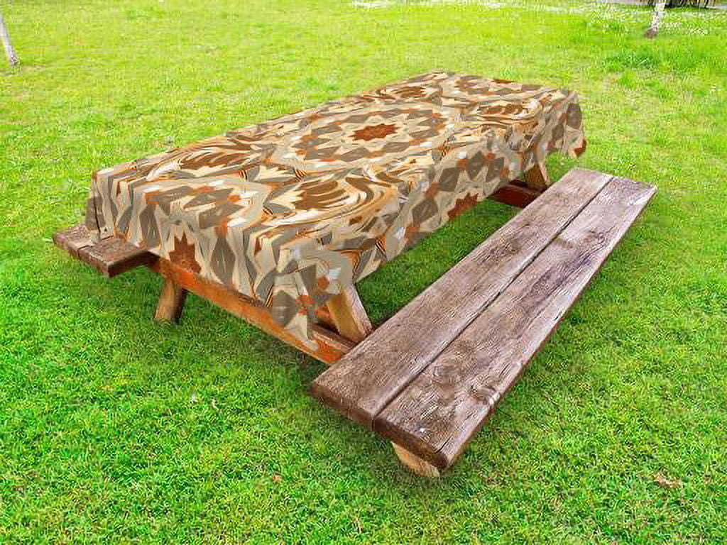Tan and Brown Outdoor Tablecloth, Traditional Arabic Round Figures with ...