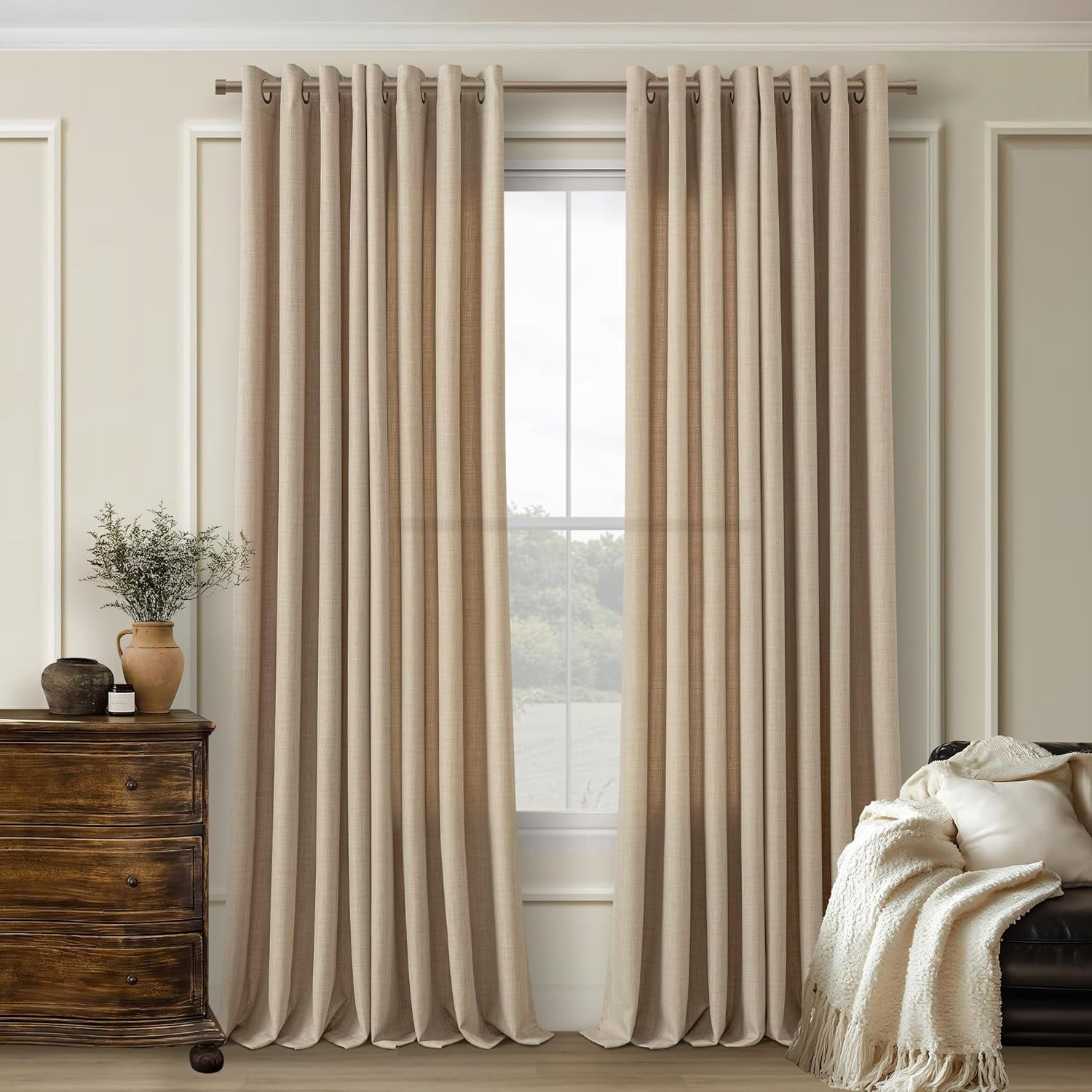 Tan Brown Semi Sheer Long Curtain 108 Inches Dark Flax Linen Drapes for ...