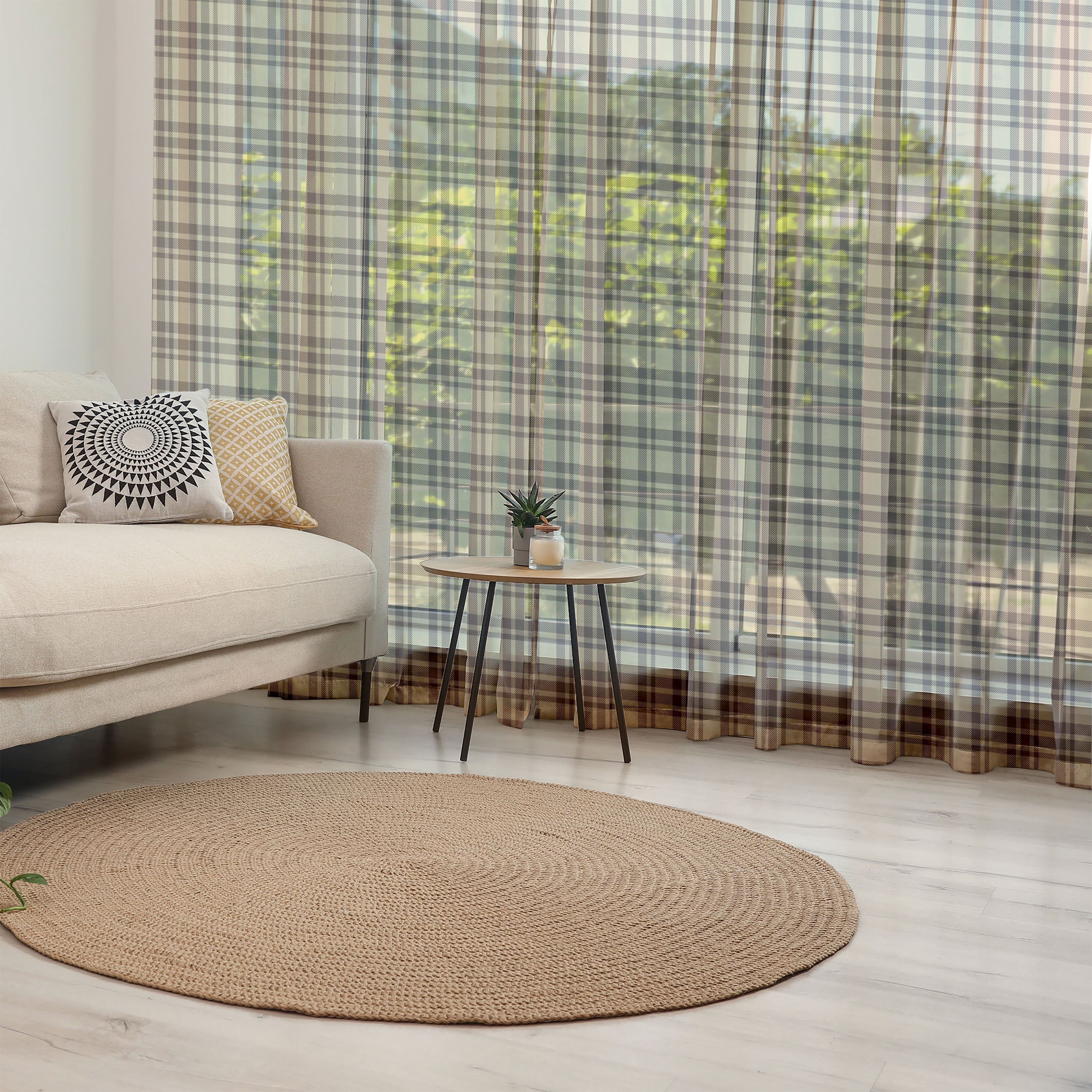 Tan and Brown Tulle Curtains with Rod Pocket, Old Fashioned Check Plaid ...