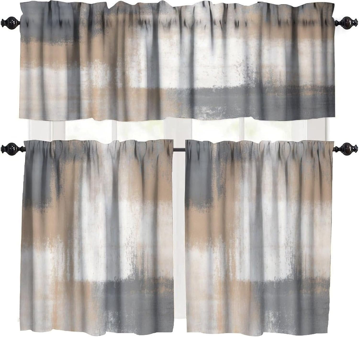 Tan Brown Window Valance Curtains Farmhouse Grey White Pattern Short ...