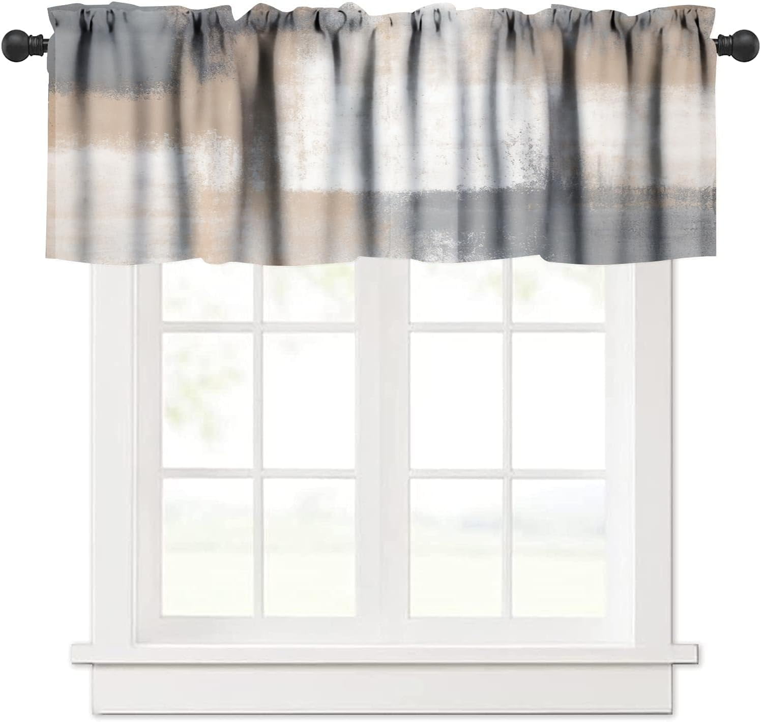 Tan Brown Window Valance Curtains Farmhouse Grey White Pattern Short ...