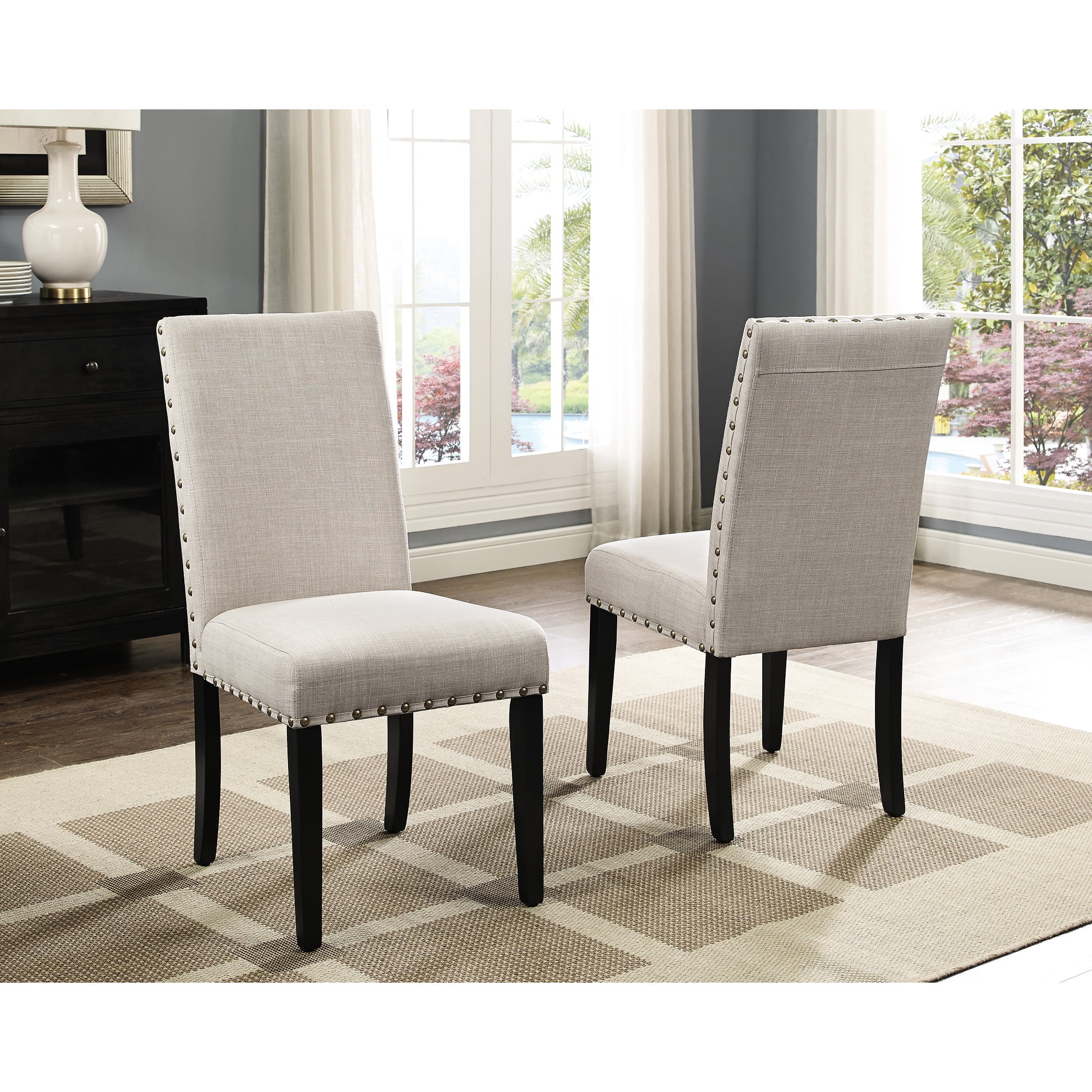 Tan Colored Nailhead Trim Dining Chairs, Of 2. Hardwood Frame, Linen ...