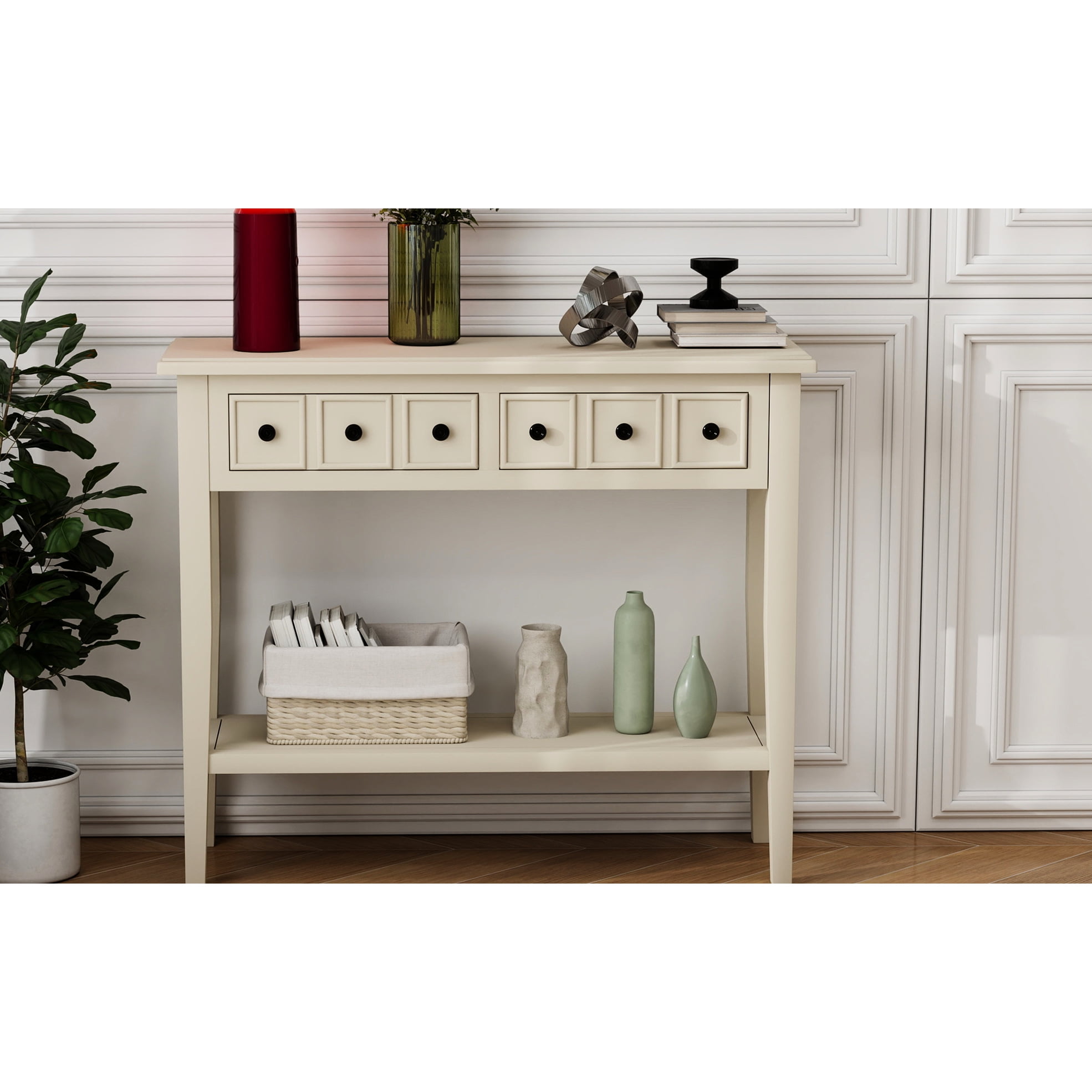Tan Console Table With , Rubber Wood, Drawers And Open Shelf - Rustic ...