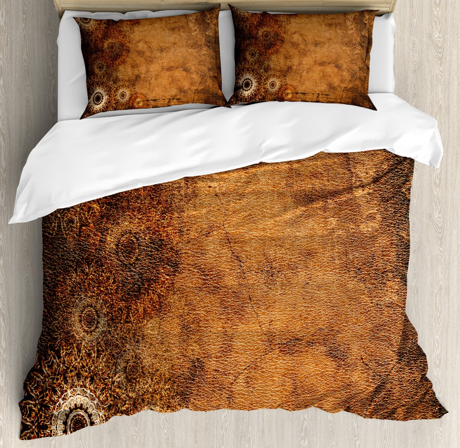 Tan Duvet Cover Set, Aged Old Texture Print Floral Motifs Vintage ...