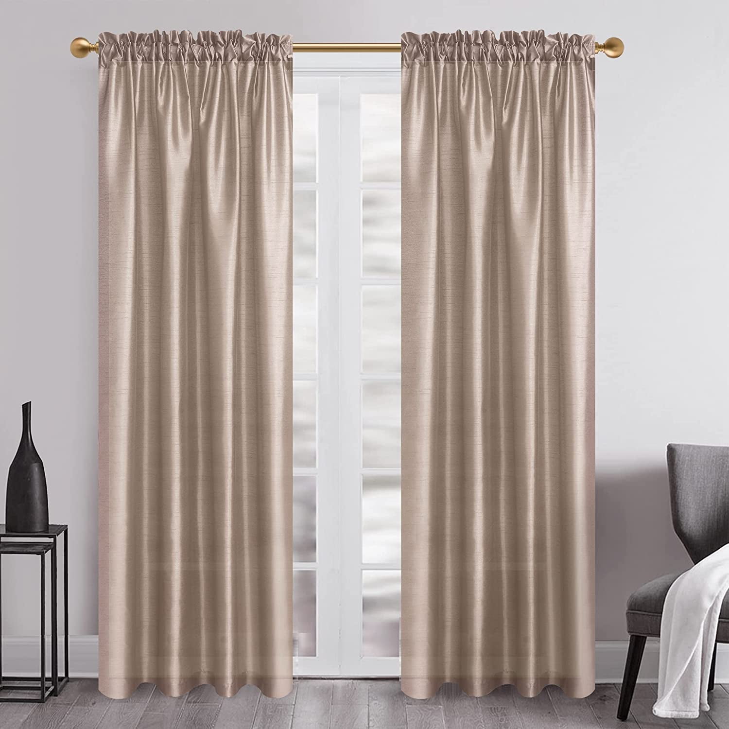 Tan Faux Silk Stain Curtains with Rod Pocket Light Filtering Dupioni ...