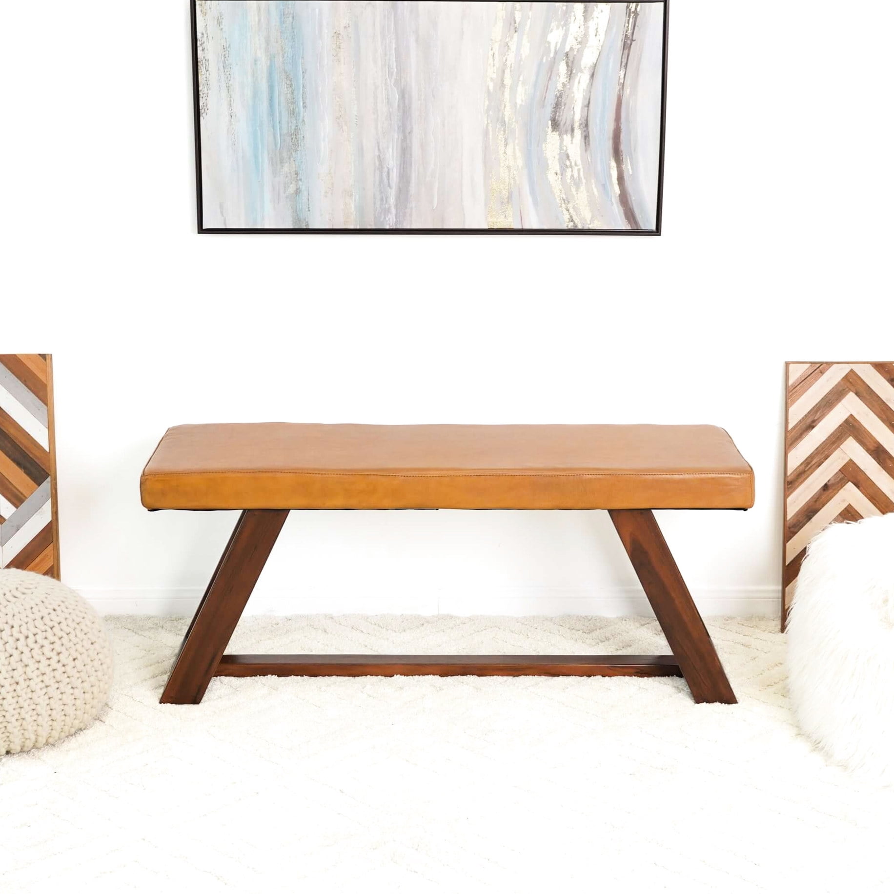 Tan Genuine Leather Bench with Solid Wood Legs - Suits All Room Styles ...