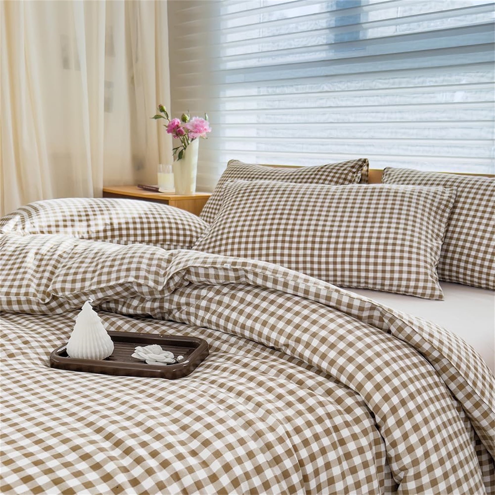 Tan Gingham Queen Comforter Set, Taupe Plaid Bedding Set, Checked Bed ...