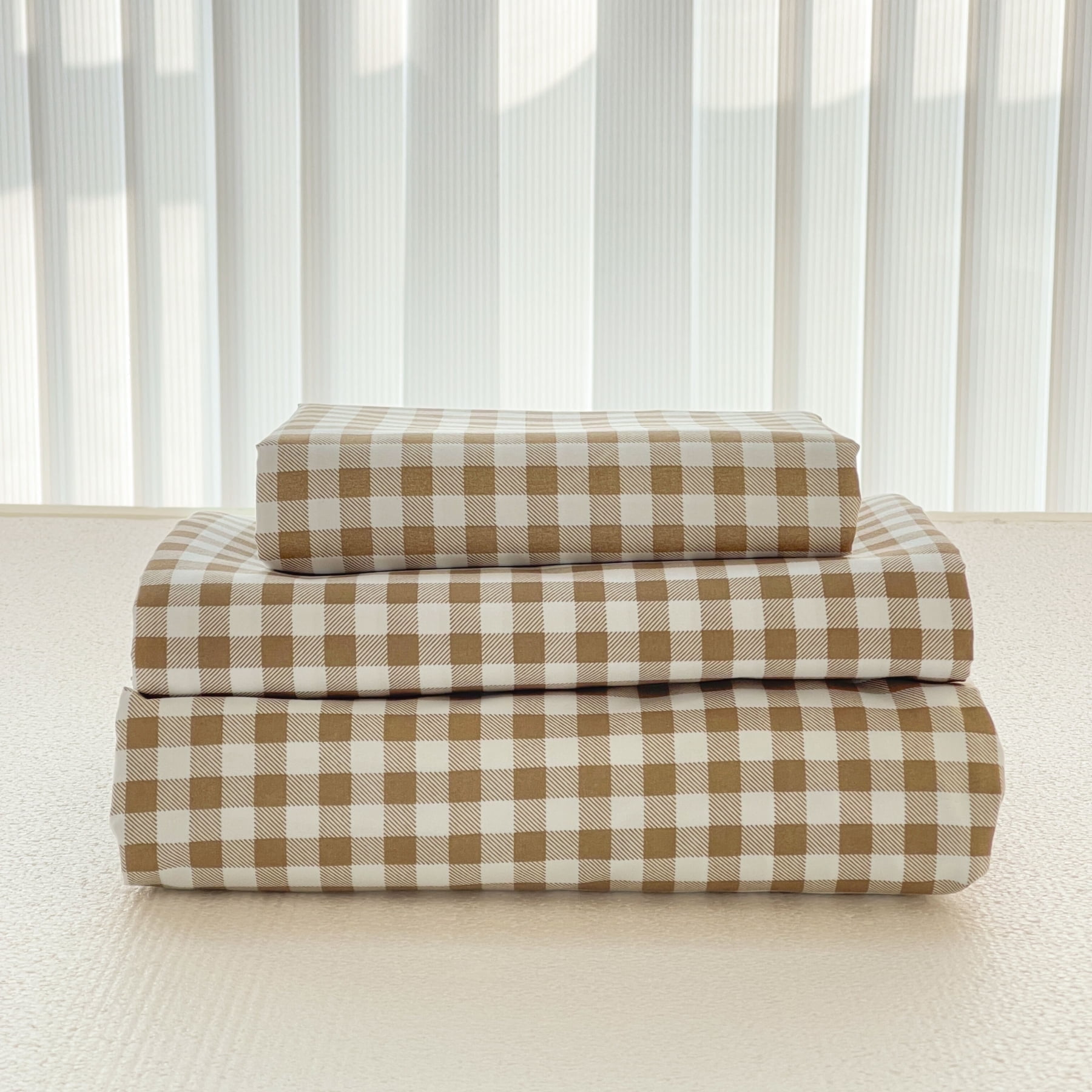 Tan Gingham Queen Sheet Set, Soft Brushed Microfiber Taupe Plaid ...
