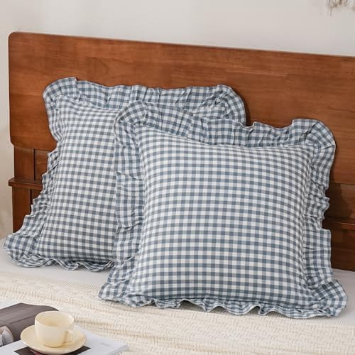 Tan Gingham Ruffle Pillow Cases 100% Washed Cotton Like Linen Feel Soft ...