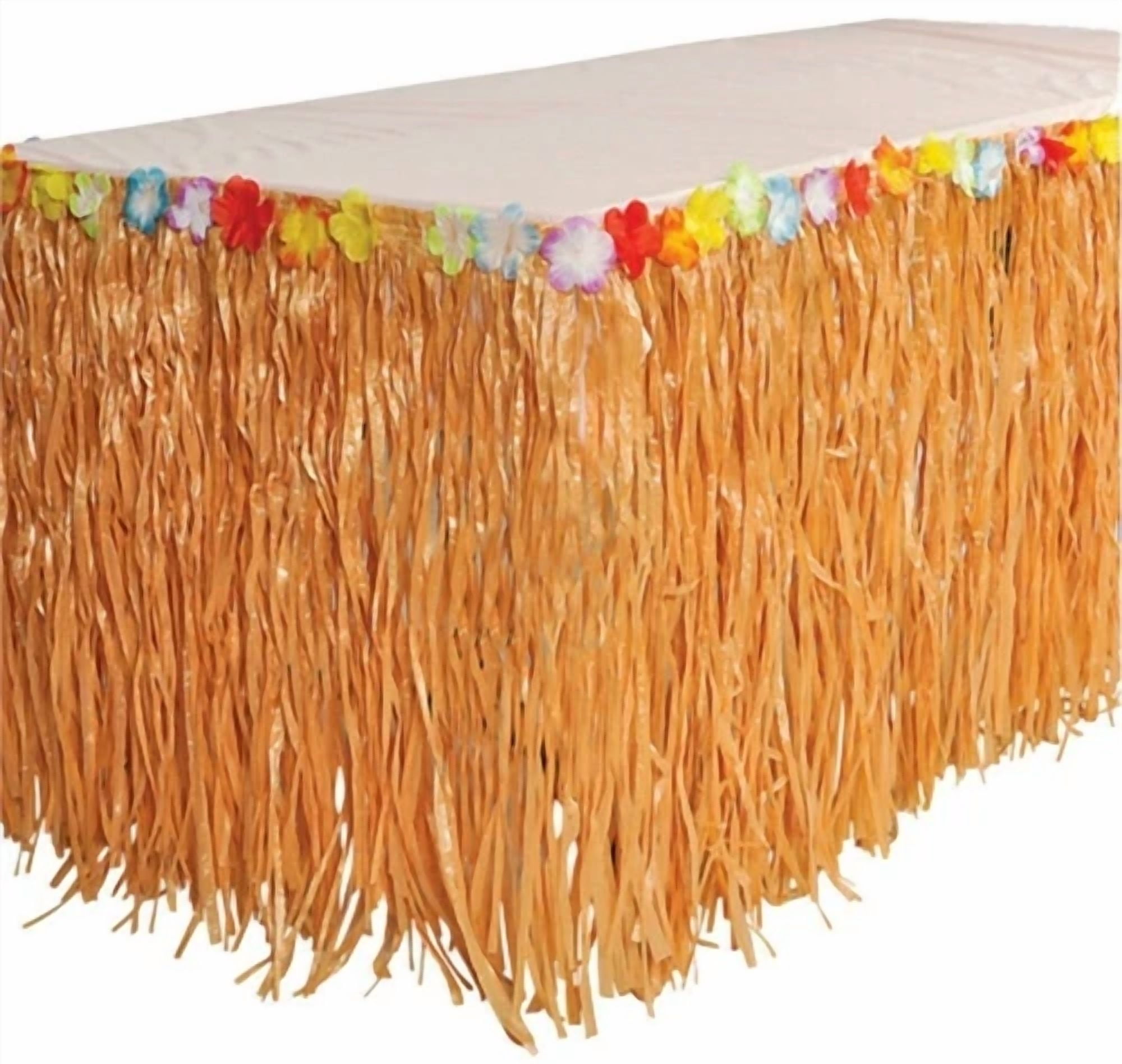 Tan Grass Table Skirt With Flowers Luau Party Table Decoration, 104" L ...