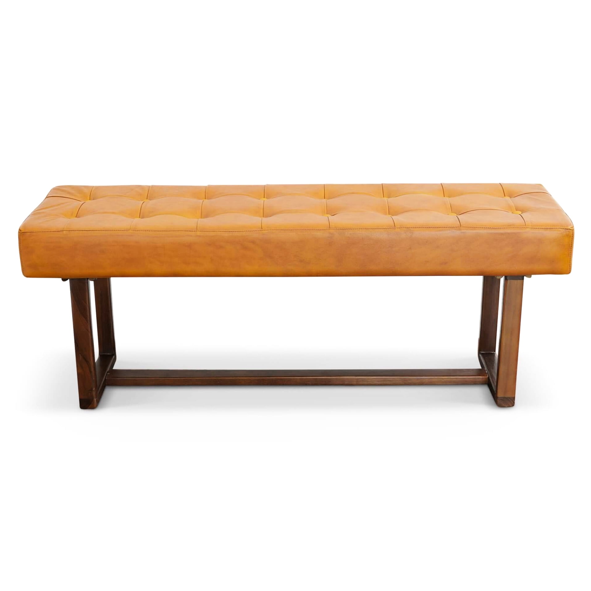 Tan Leather Accent Bench By - Mid-century Modern Style, Solid Wood ...